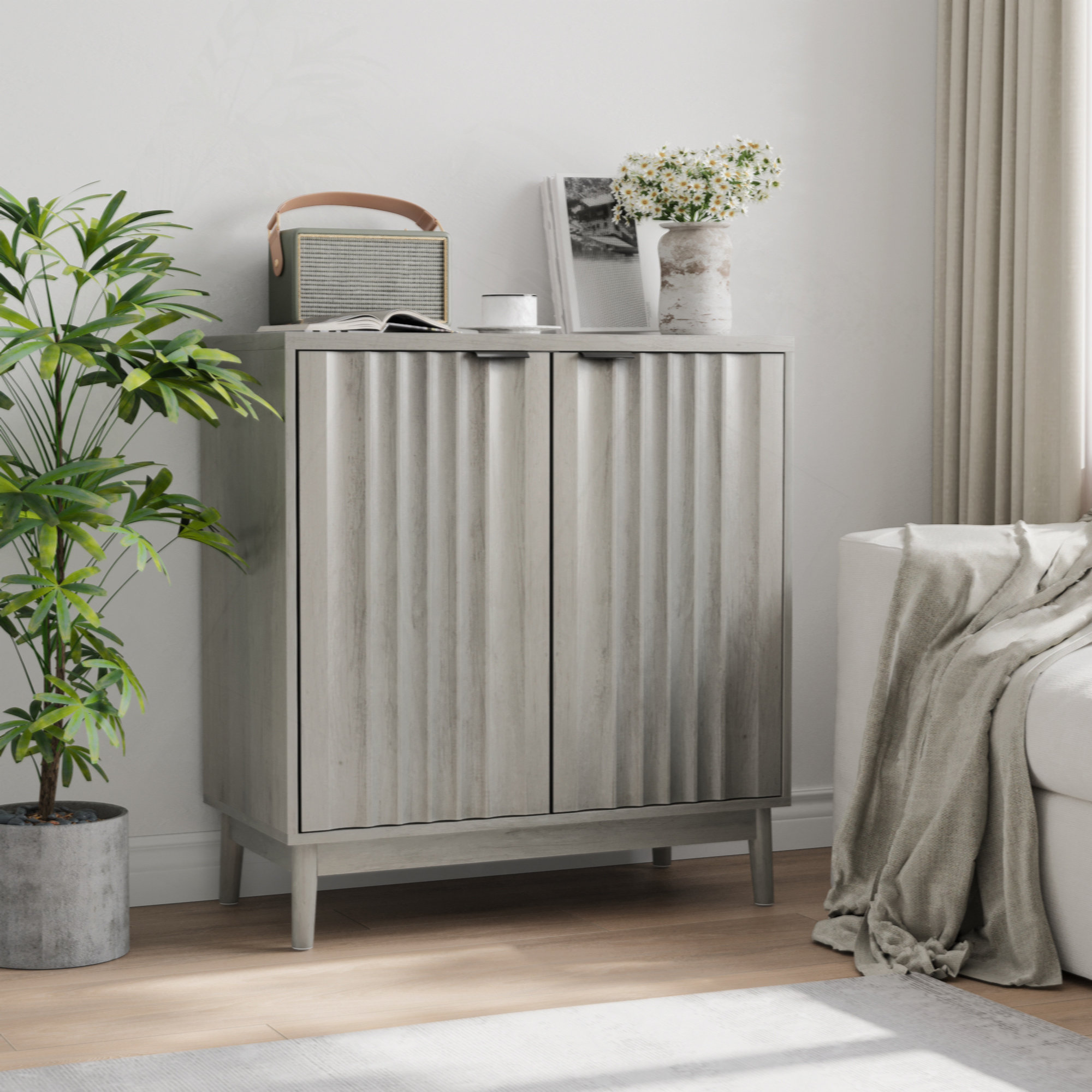 Ebern Designs Sideboard, Freestanding Buffet Cabinet With Fluted Doors, Wood Storage Cabinet For ...