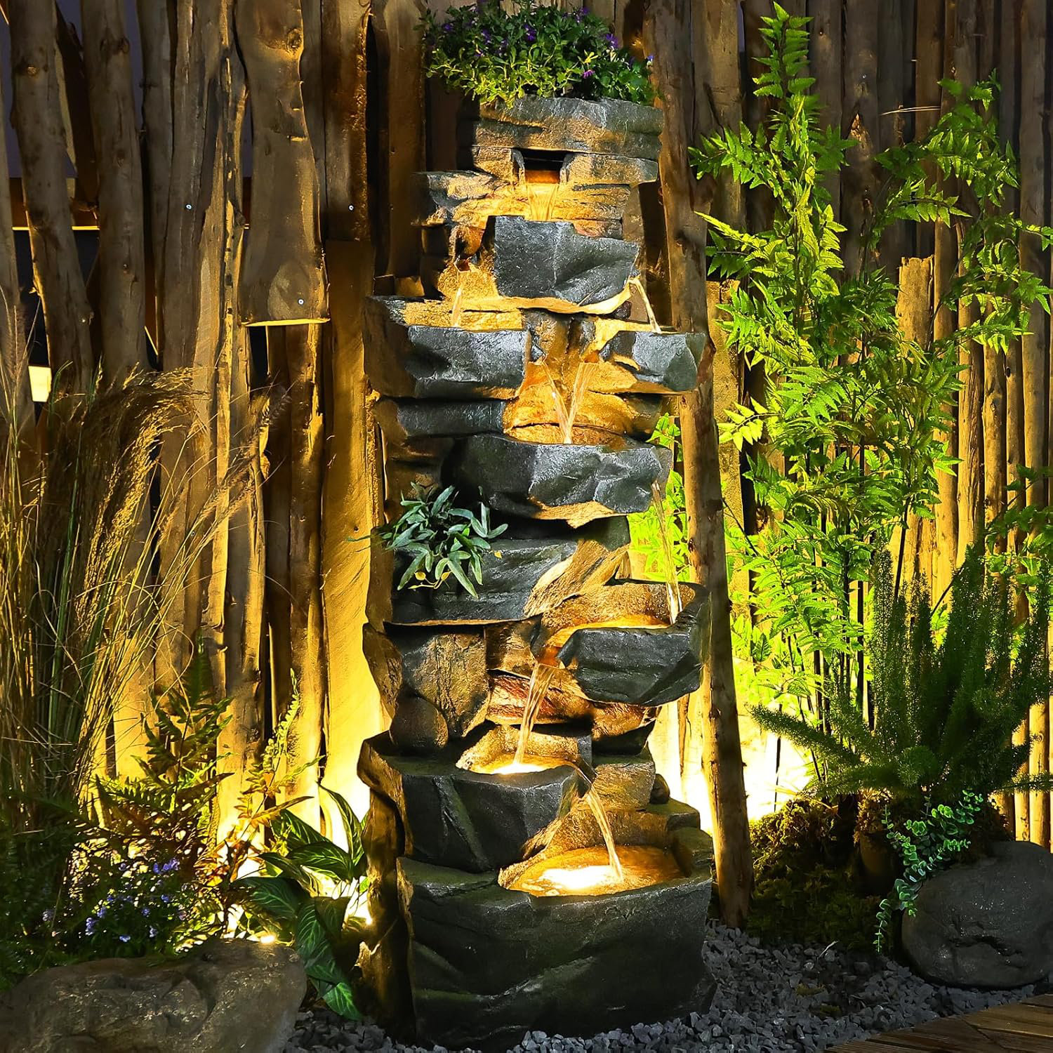 Millwood Pines Outdoor Fountain 6-Tiers Large Cascading Rock Natural ...