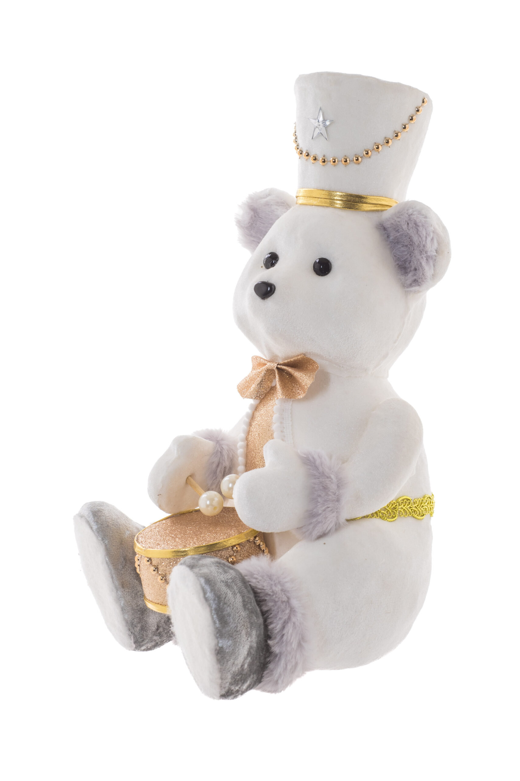 The Holiday Aisle® White/Gold Faux Fur Sitting Drummer Bear with Bowtie ...