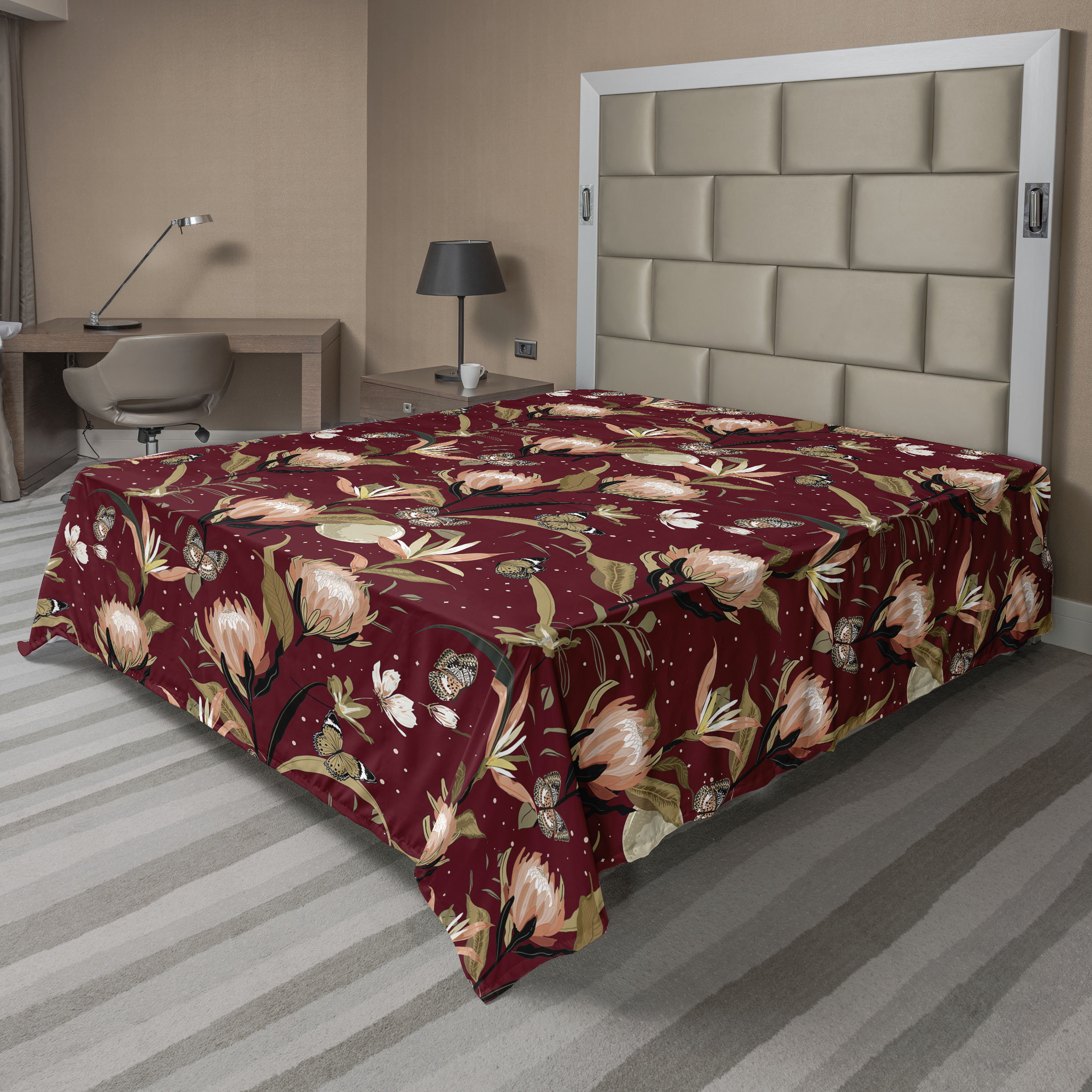 Ambesonne Nature Flat Sheet Art Butterfly Protea Flower King Size Pale ...