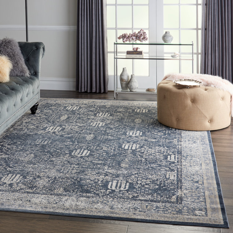 Bungalow Rose MAI12 Traditional Distressed Navy Blue/Ivory Area Rug ...