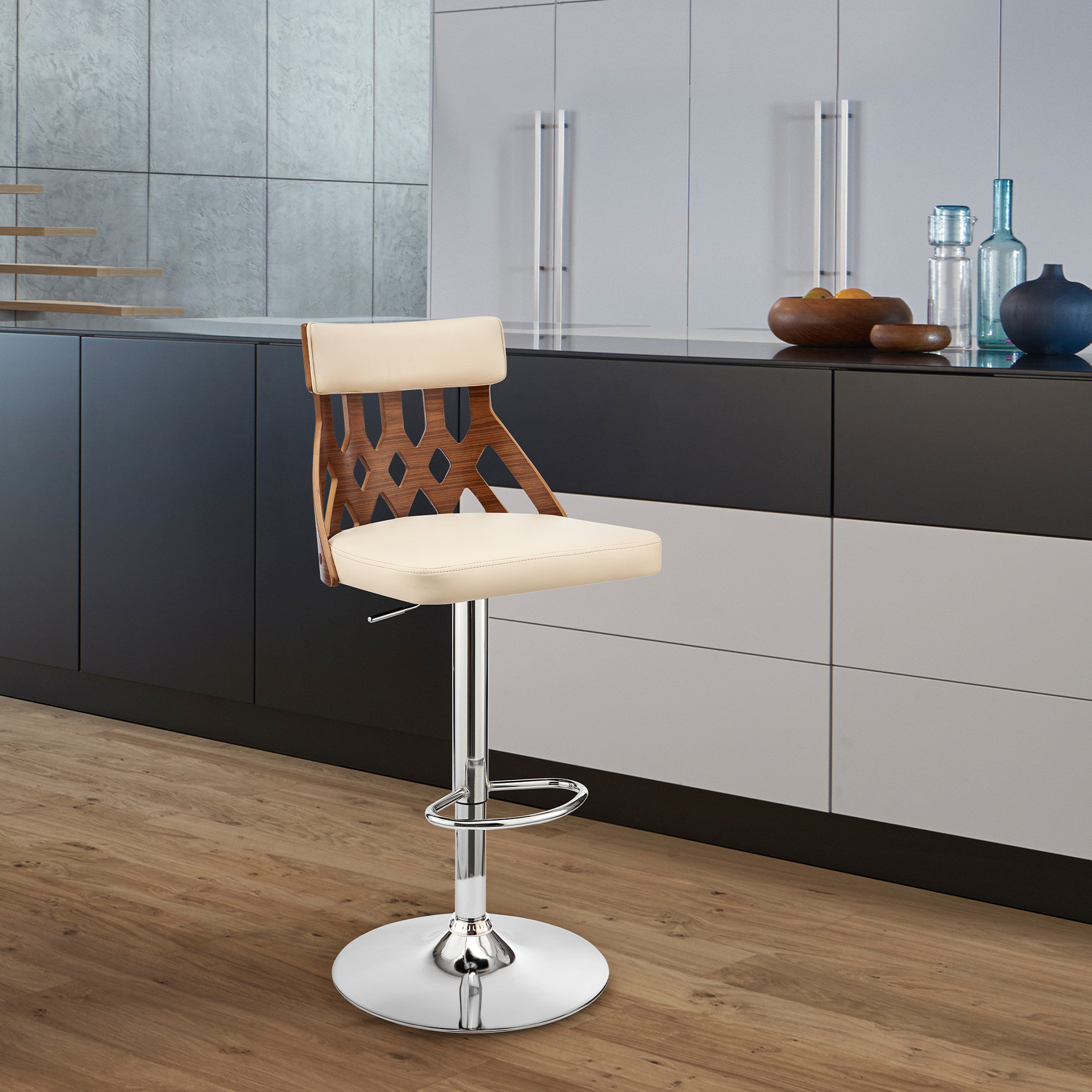 Corrigan Studio® Adjustable Cream Faux Leather And Walnut Lattice Bar ...