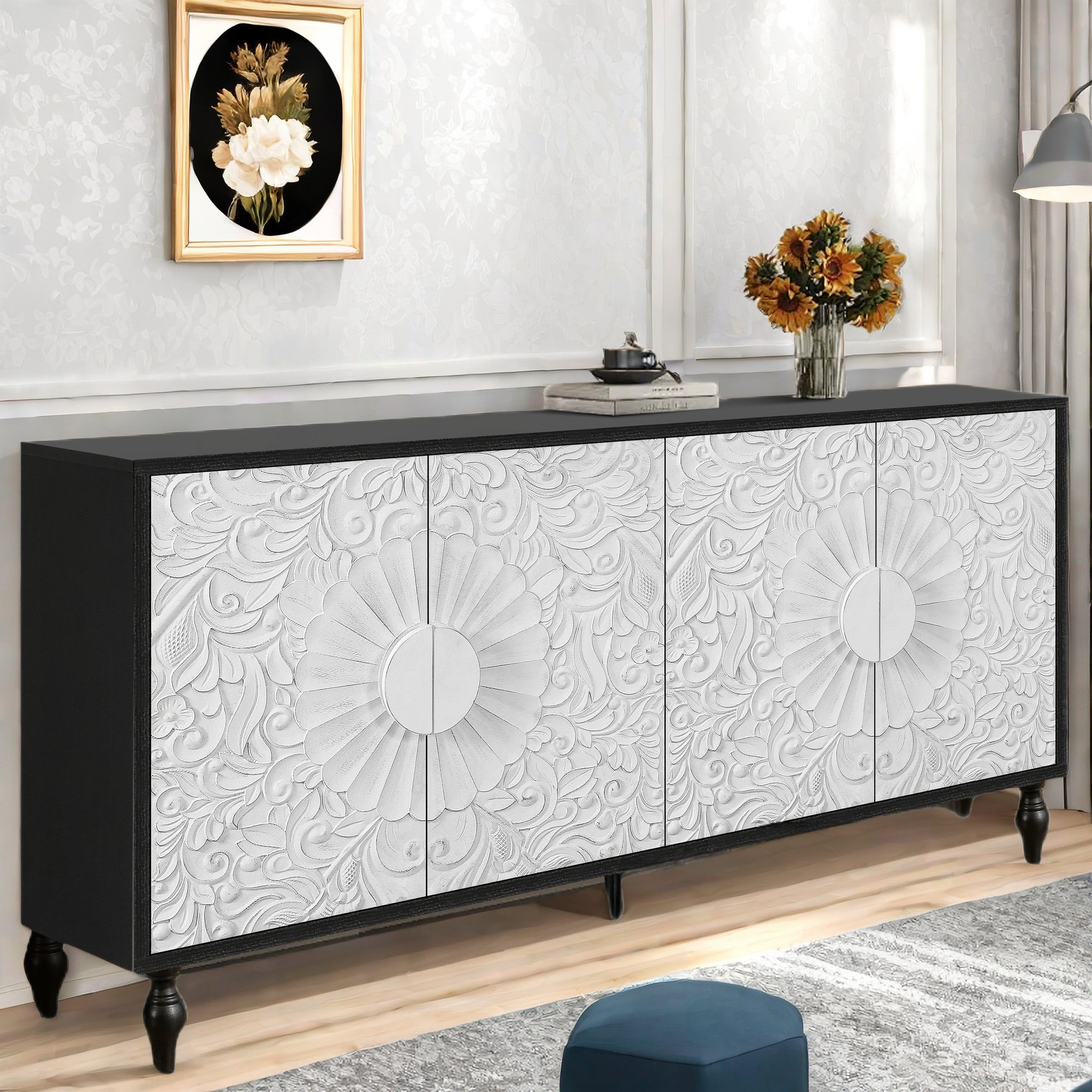Charlton Home Faren Sideboard With Faceted Carved And Spliced Doors And ...