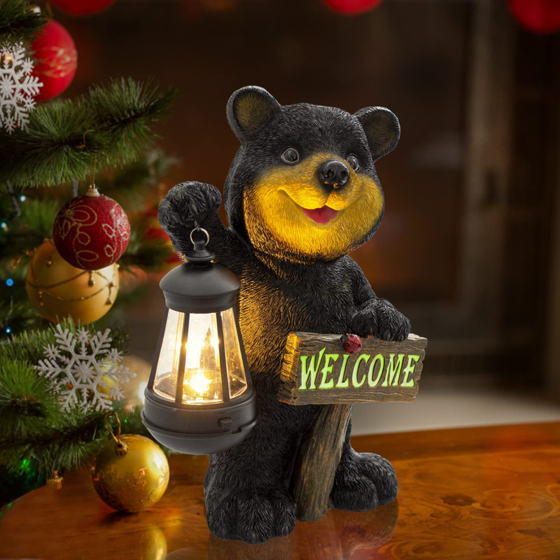 One Allium Way® Garden Bear Statue with Solar LED Lantern | Wayfair