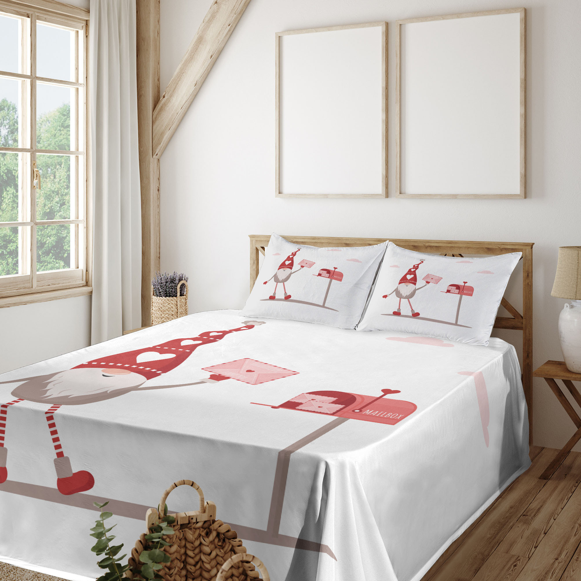 Ambesonne Valentines Day Sheet Set Postman Elf Heart Pale Maroon Blush ...