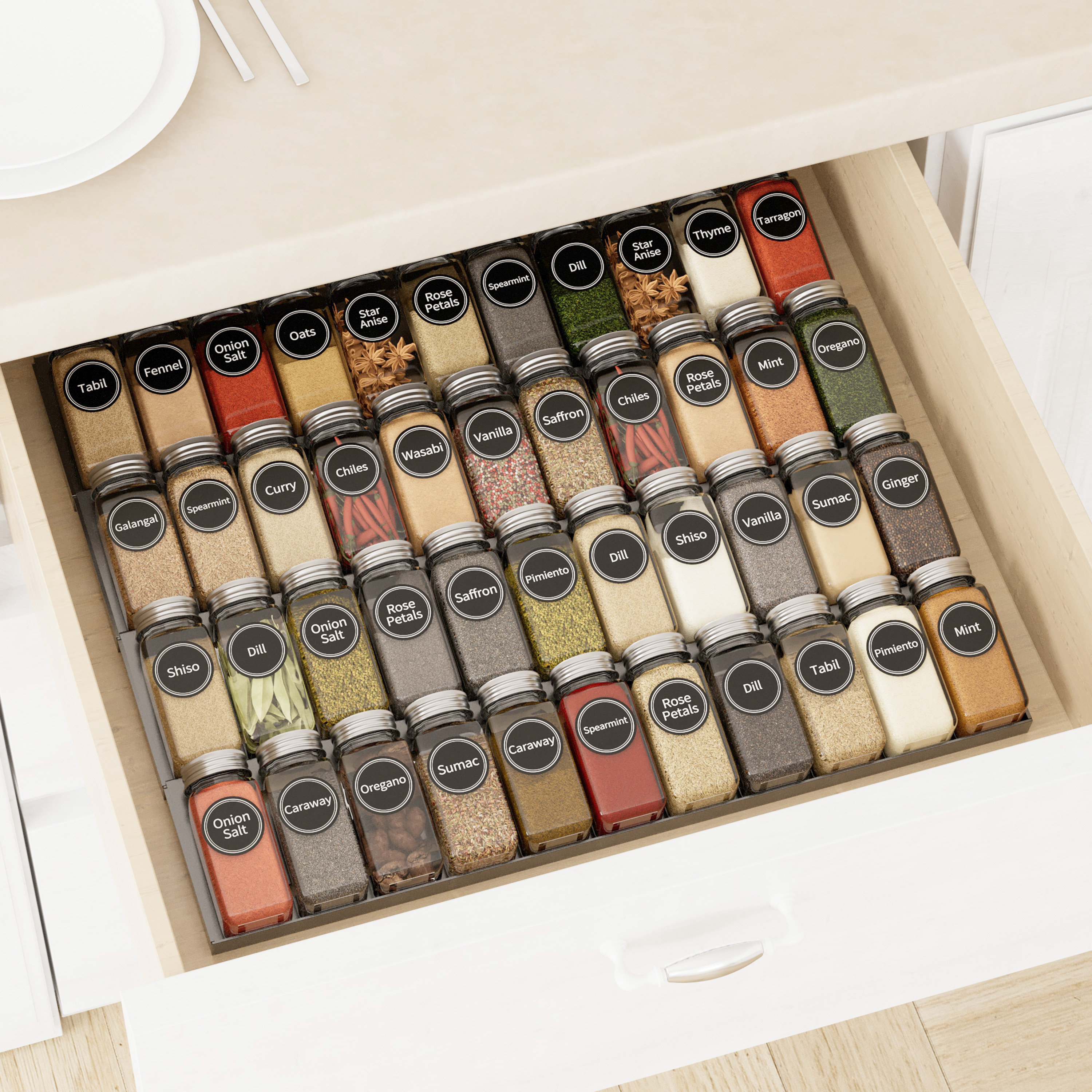 SpaceAid Spice Drawer Organizer Set with 44 Spice Jars, 386 Spice ...