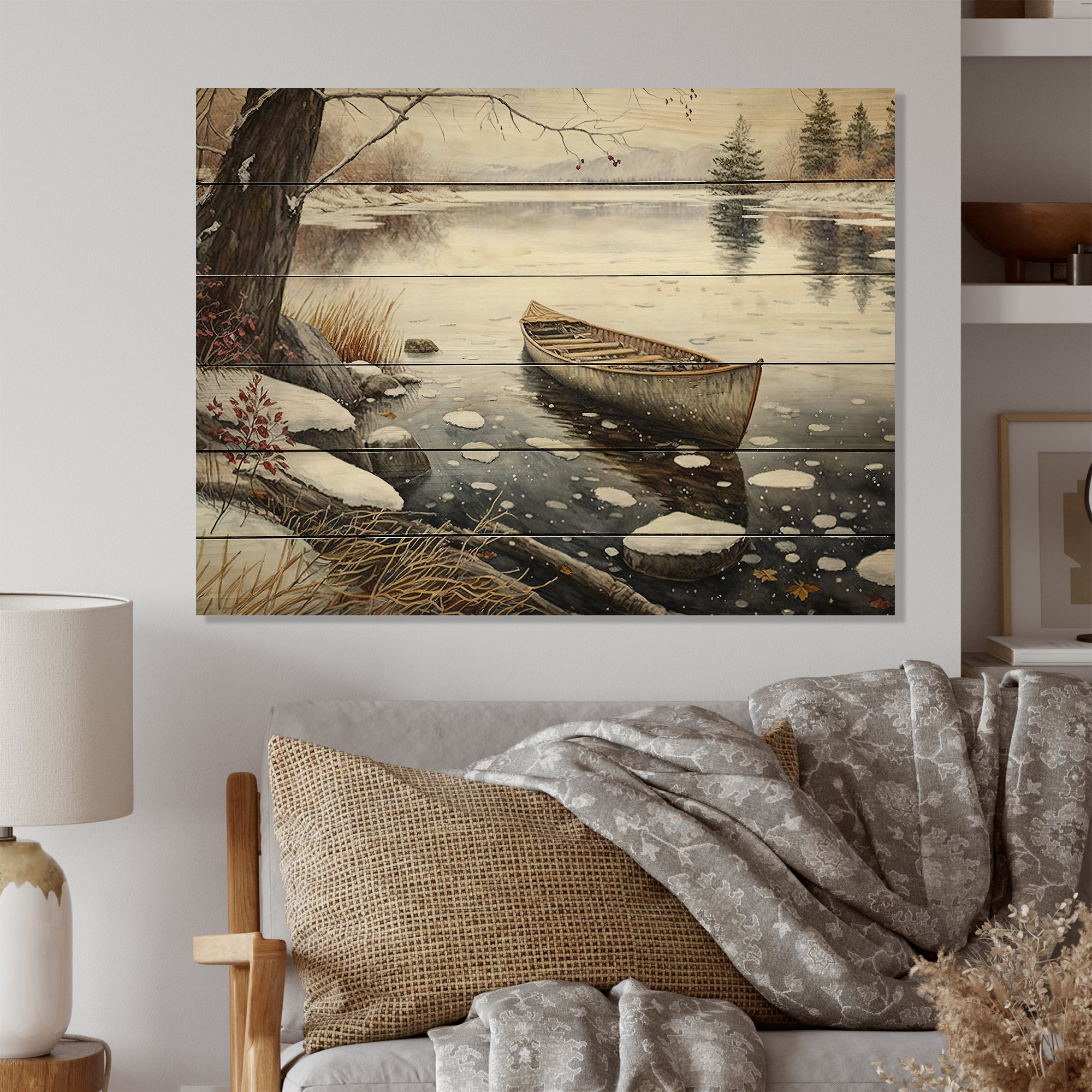 Breakwater Bay Winter Scene With Canoe III - Traditional Wood Wall ...