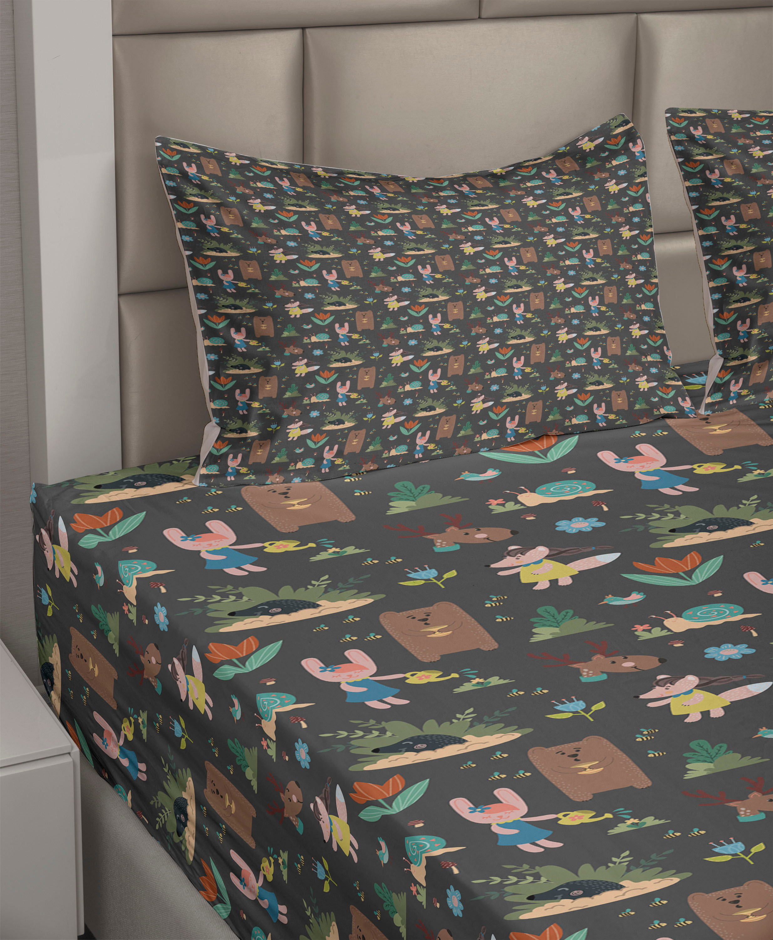 Ambesonne Forest Sheet Set Digital Drawn Bear Rabbit Cocoa and Pale ...
