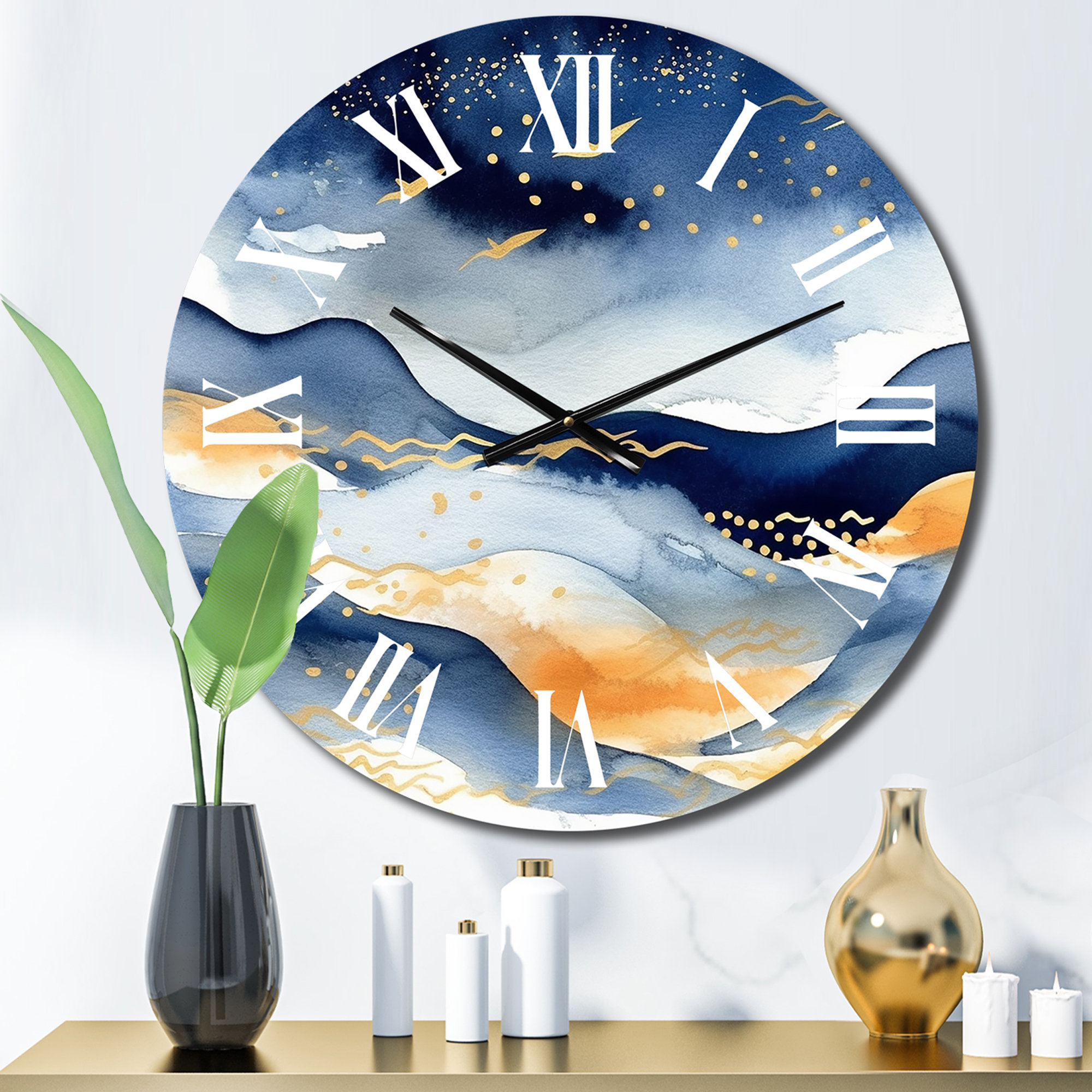 Design Art Dark Blue And Gold Abstract IX Wall Clock | Wayfair