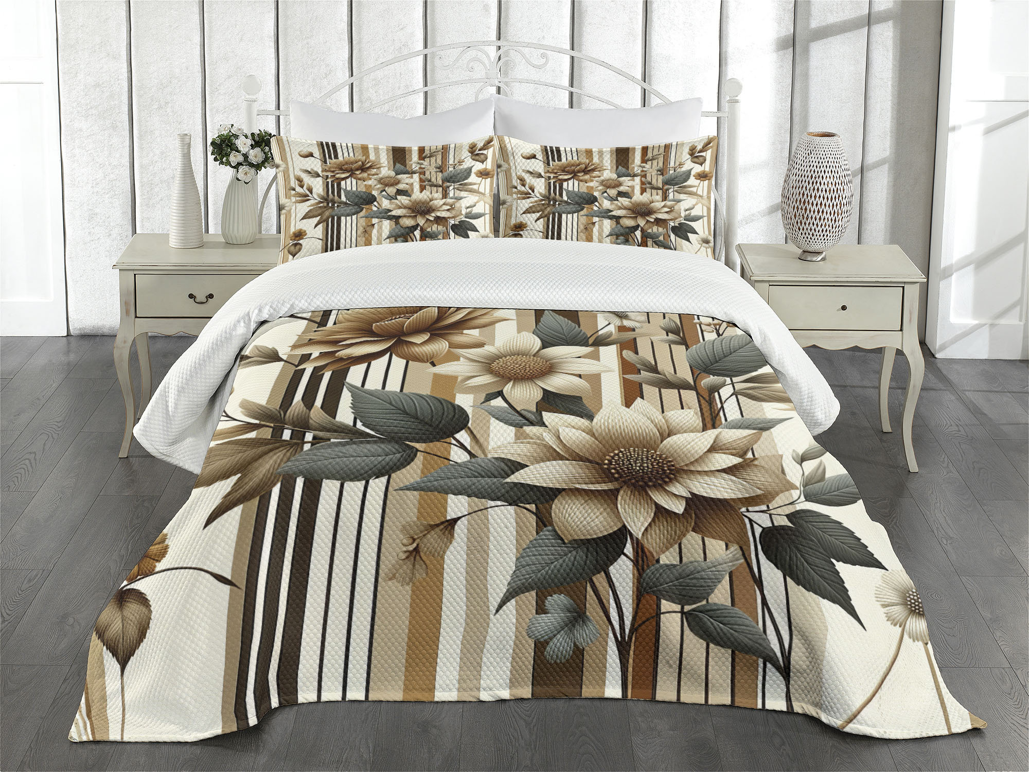 Ambesonne Tan Bedspread Set 3 Pcs Retro Sepia Flowers and Stripes King ...