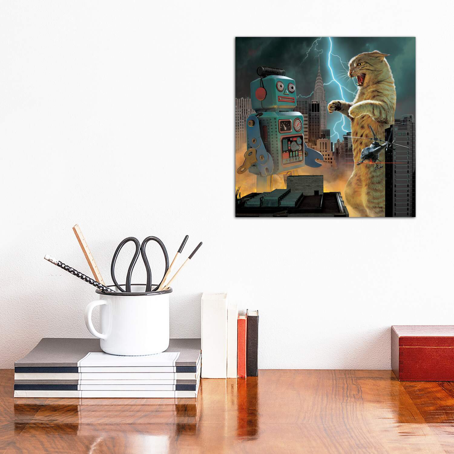 East Urban Home Catzilla vs Robot by Vincent Hie - Graphic Art Print ...