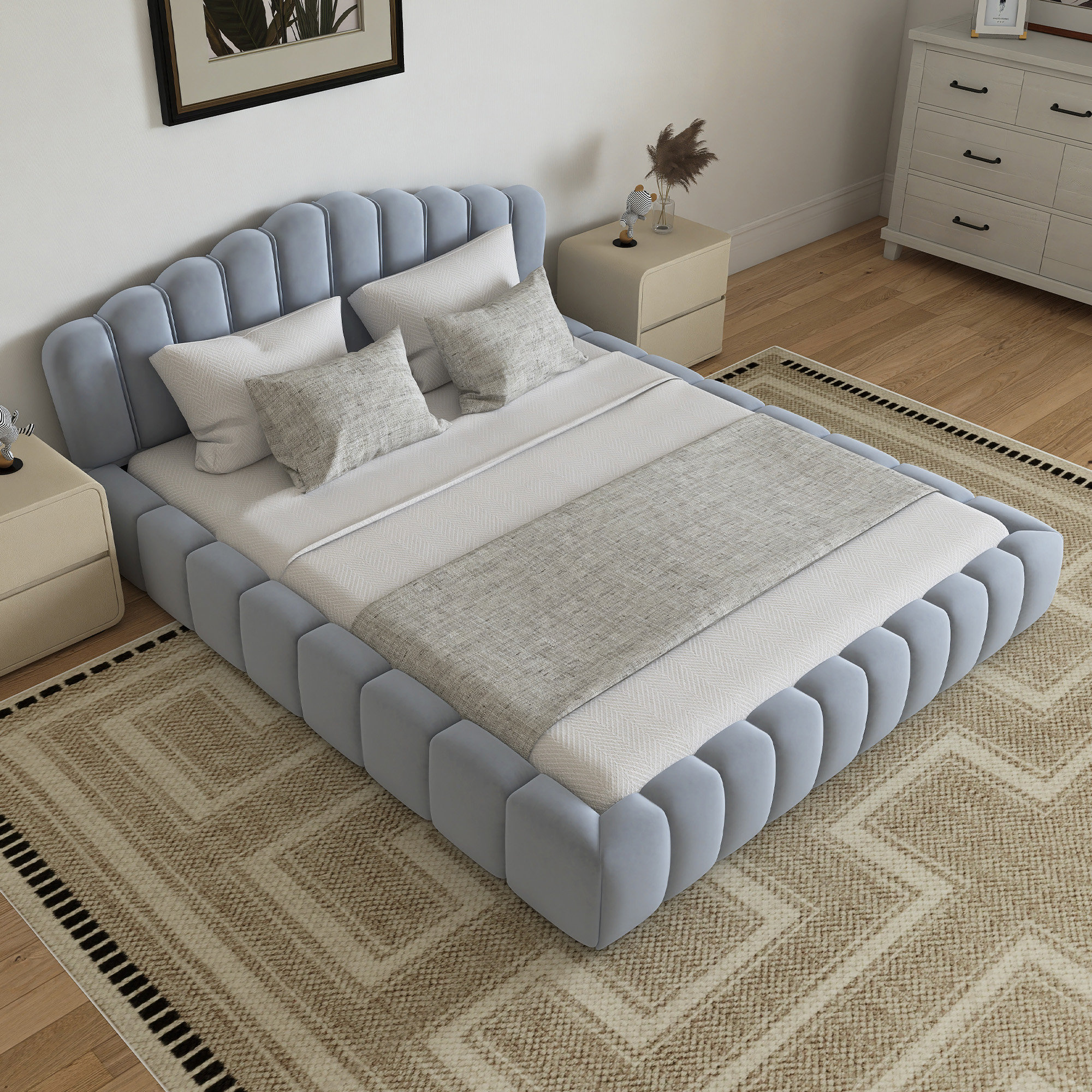 Staykiwi Queen Size Velvet Upholstered Bed With Shell-Shaped Headboard ...