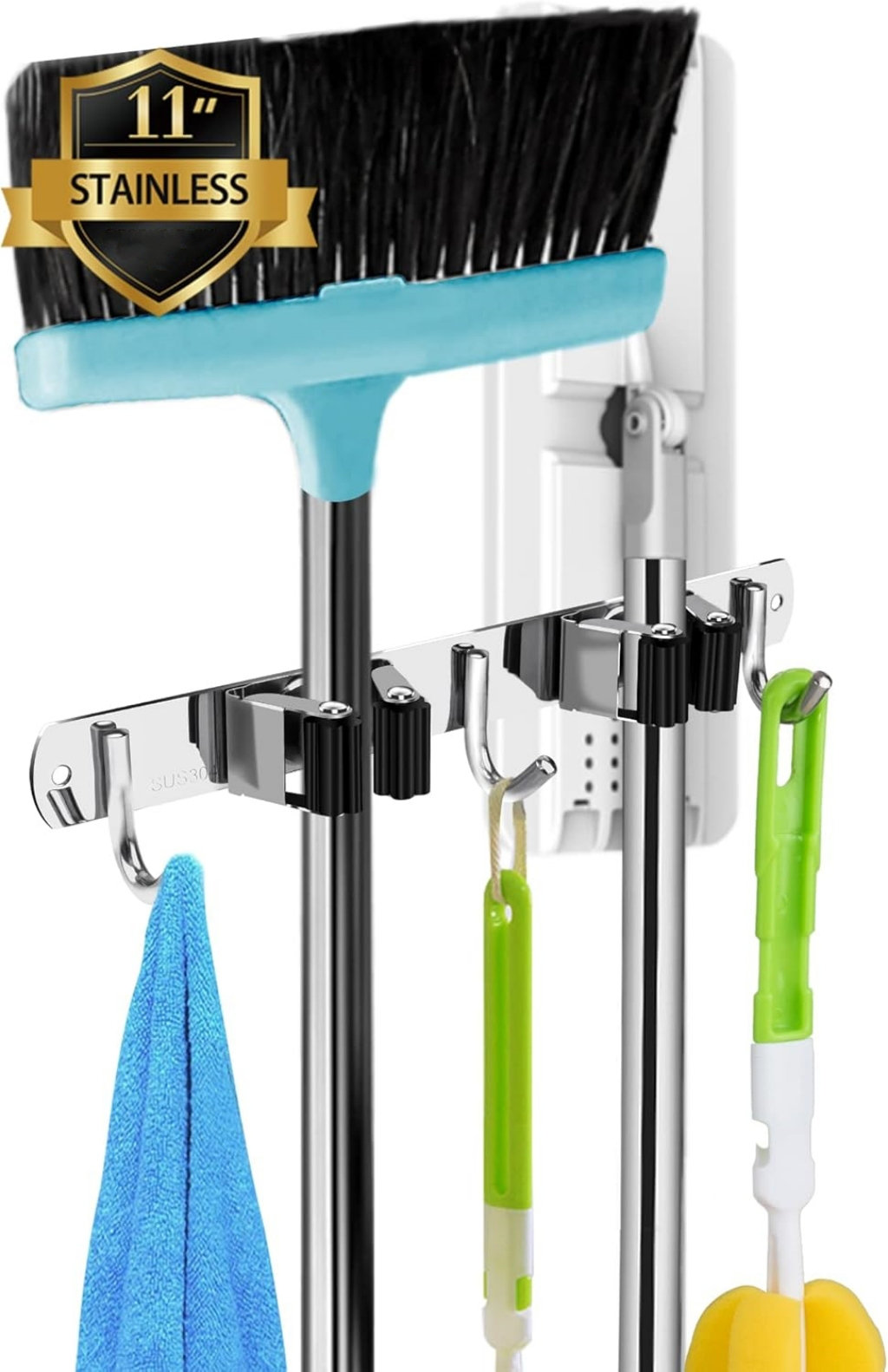 WFX Utility™ Stainless Steel Broom Mop Holder Wall Mount Organizer With ...