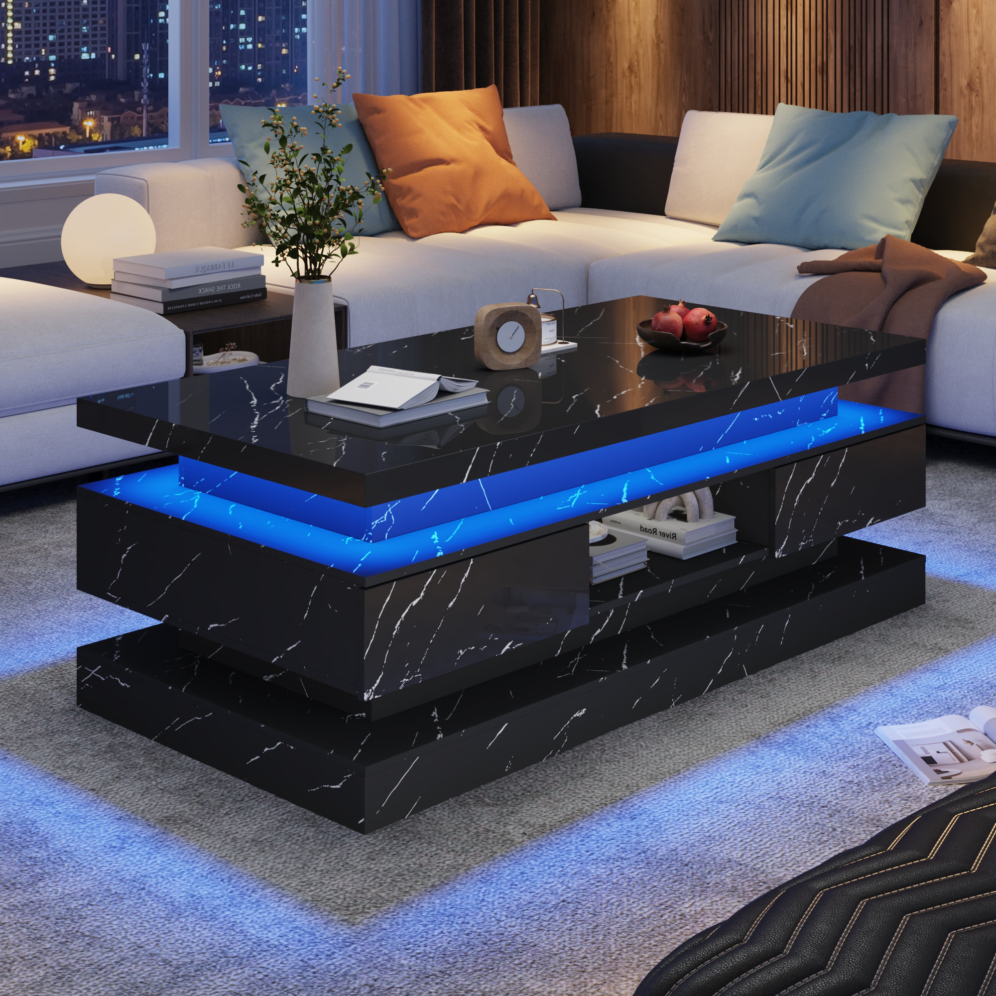 Ivy Bronx 47.2'' LED Coffee Table With 2 Storage Drawers, High Gloss ...