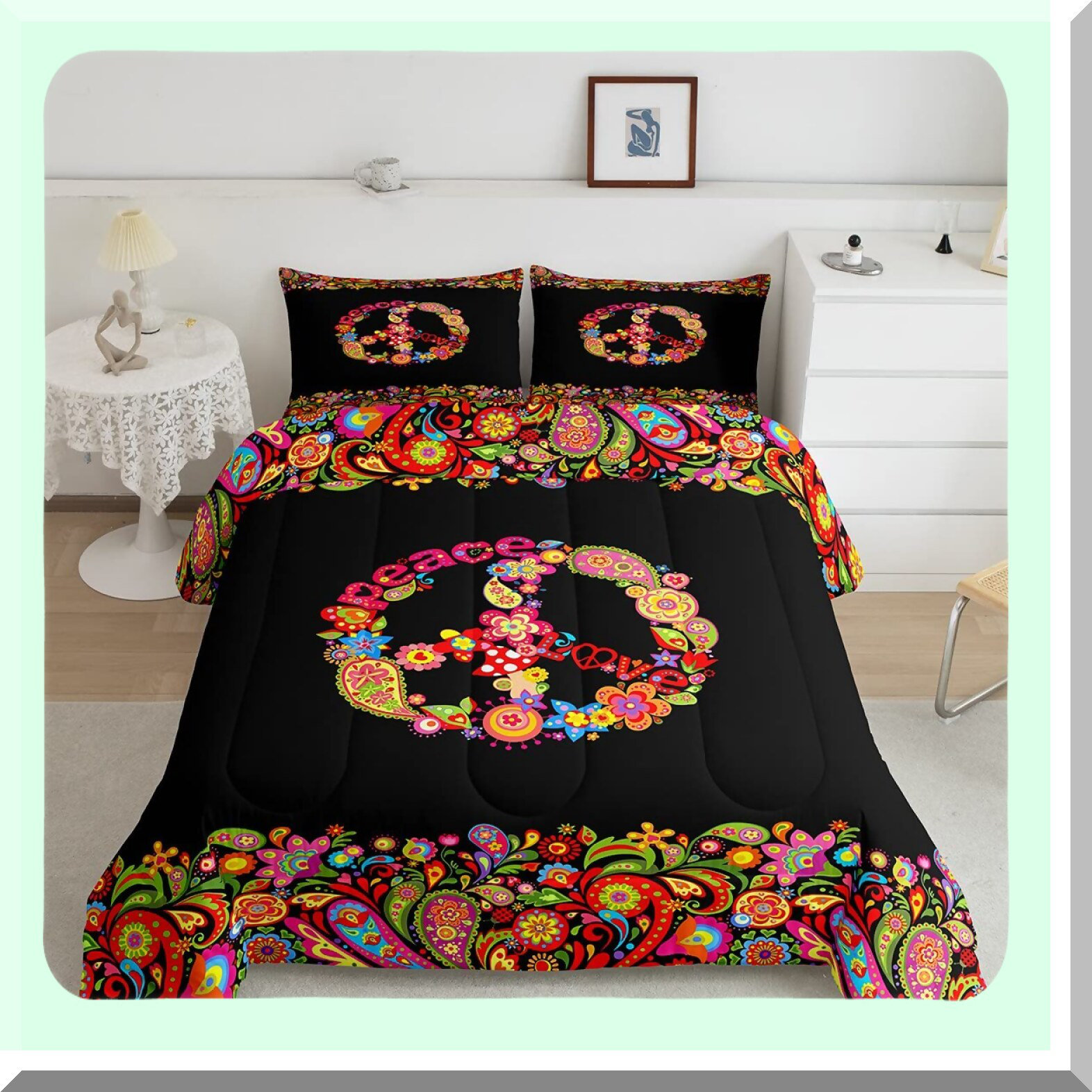 East Urban Home Hippie Peace Art Comforter Set - Exotic Paisley Floral ...