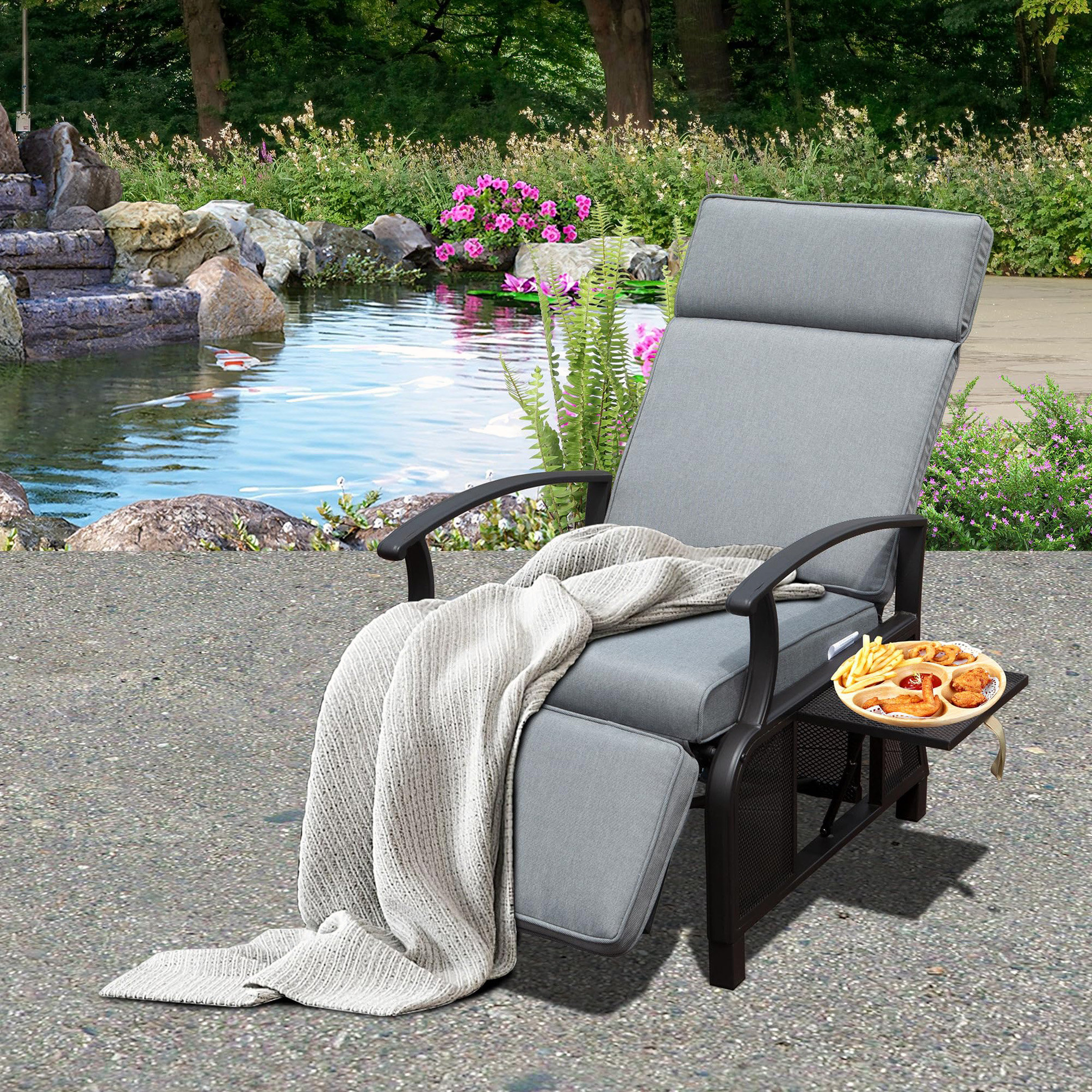 Lark Manor Recliner Chair Metal Outdoor Lounge Chair with Flip Table ...