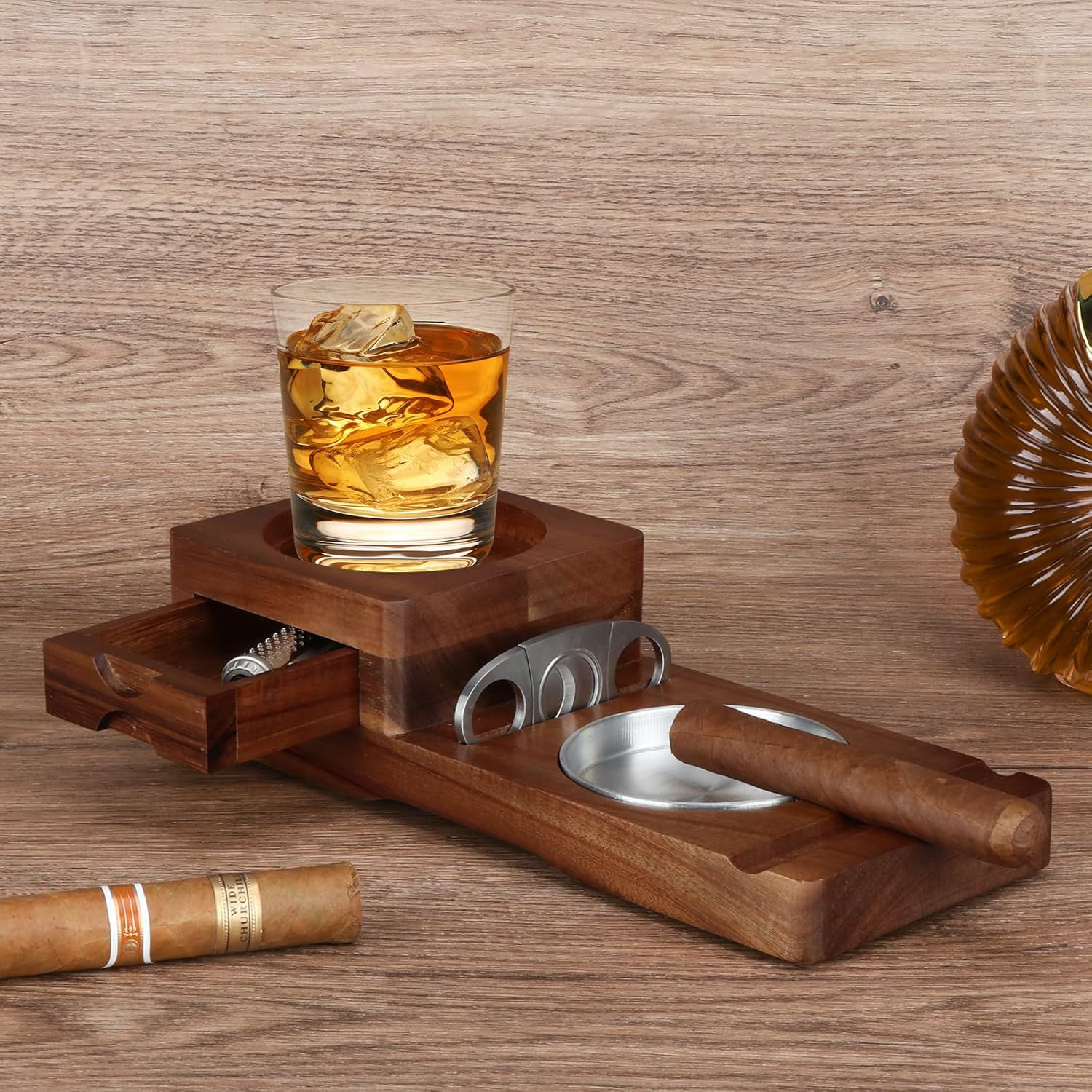 Amzico Ashtray Coaster Whiskey Glass Tray & Wooden Ash Tray With Cigar ...