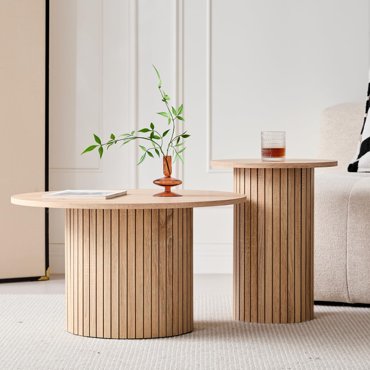 Ebern Designs Round Nesting Coffee Tables Set Of 2, Side Table Fluted ...