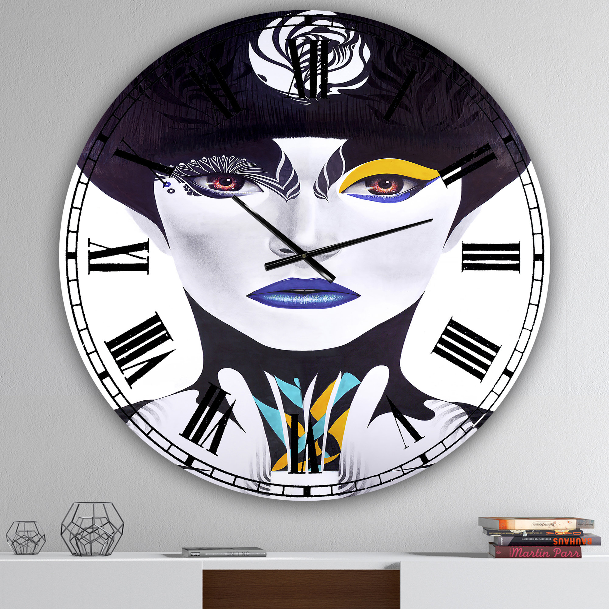 East Urban Home Urban Woman With Blue Lips - Large Modern Wall Clock ...