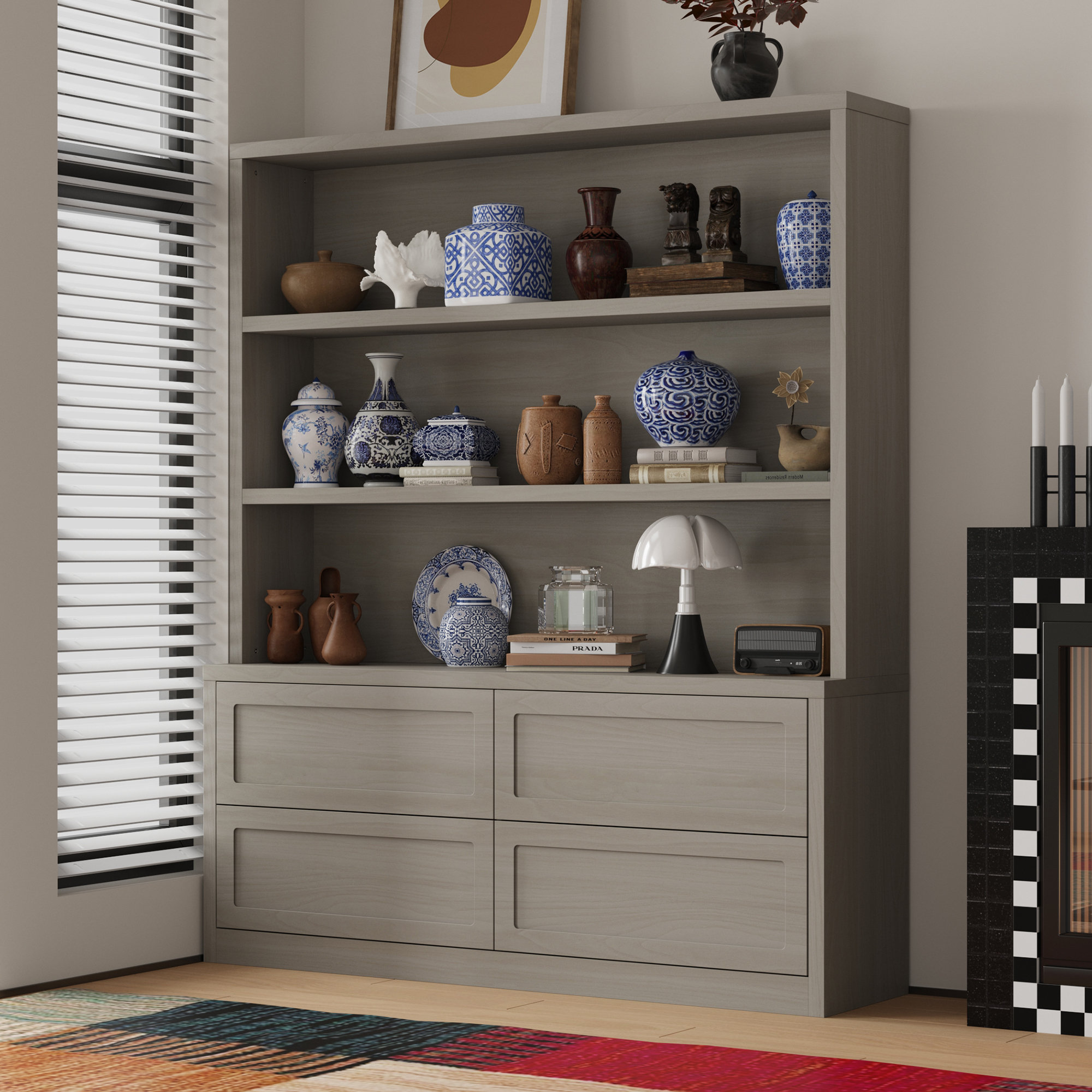 Ebern Designs 3-Shelf 4-Drawer Curio Cabinet With Grey Finish - Wayfair ...