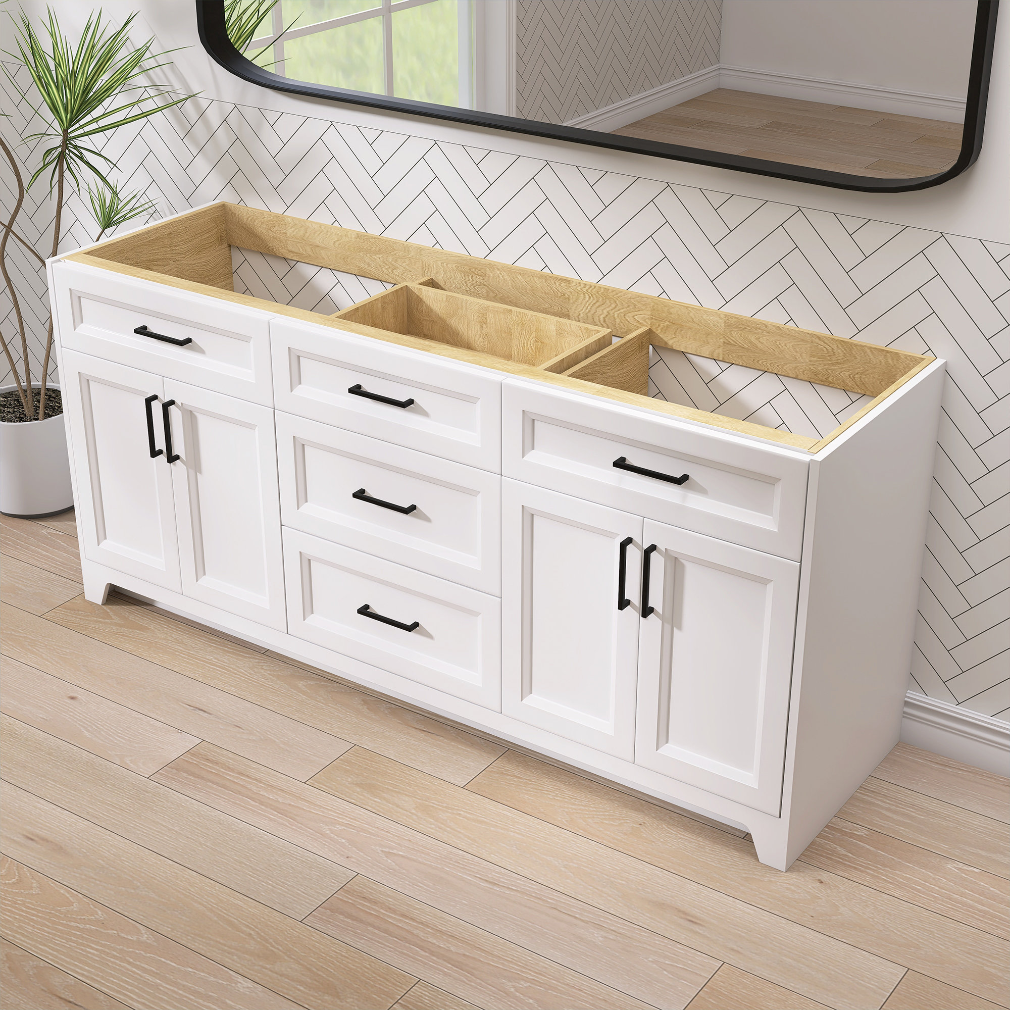 ZEAFIVE Solid Wood 72" Double Bathroom Vanity Base Only Freestanding ...