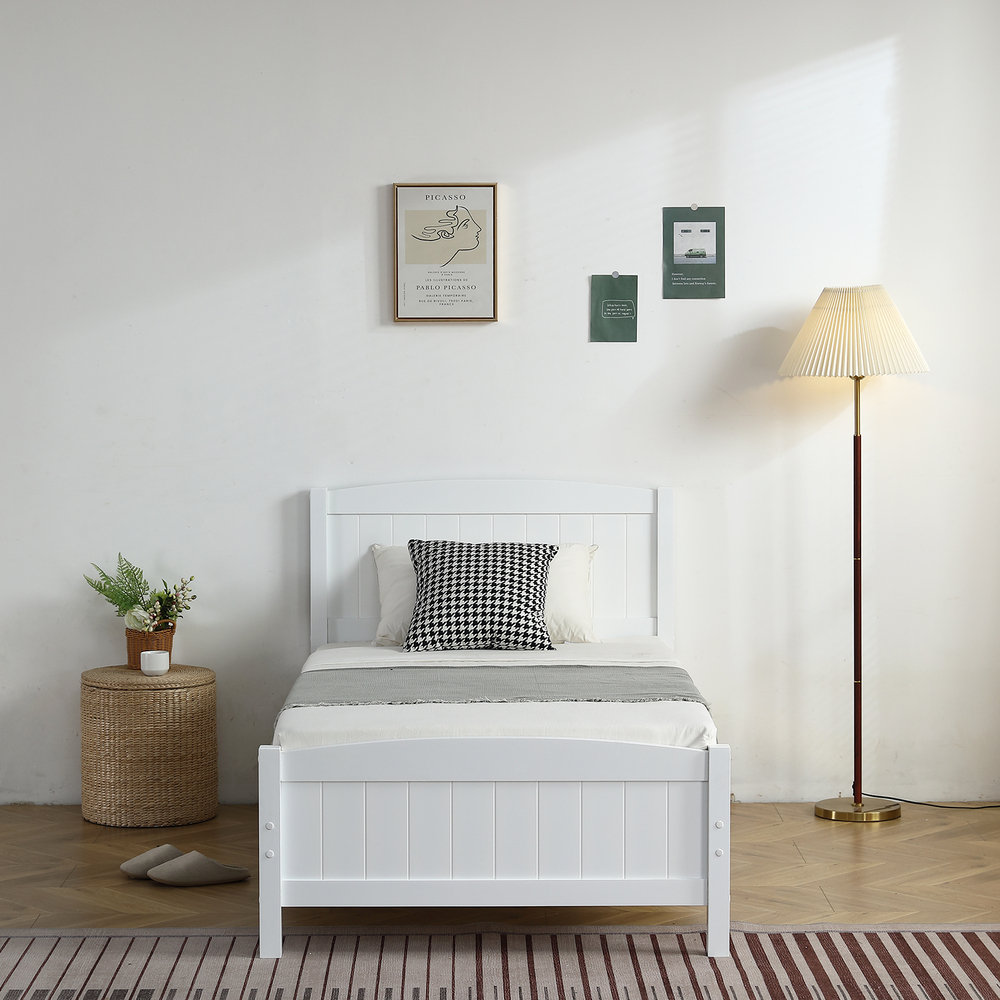 Ebern Designs White Wooden Platform Bed Frame Curved Headboard And ...