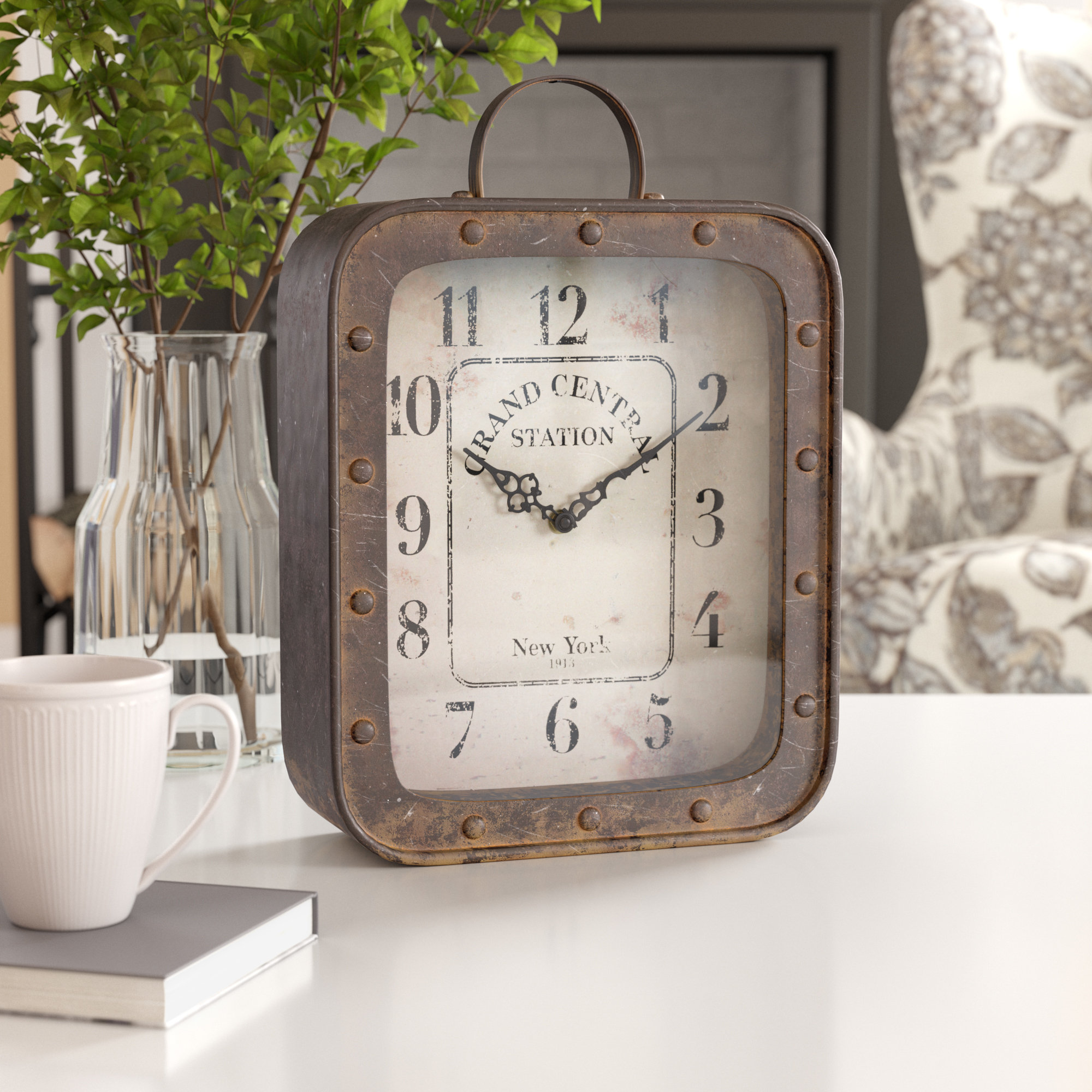 August Grove® Rustic Analog Metal Mechanical Tabletop Clock in Rustic ...