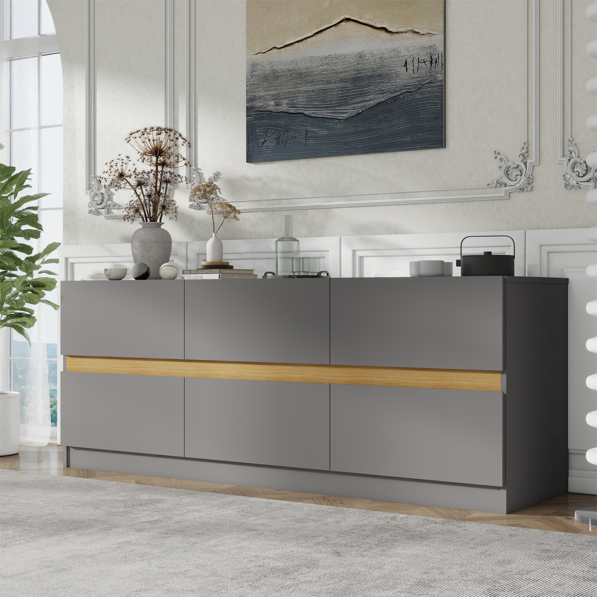 Ebern Designs Commode longue 6 tiroirs pour rangement de vêtements de ...