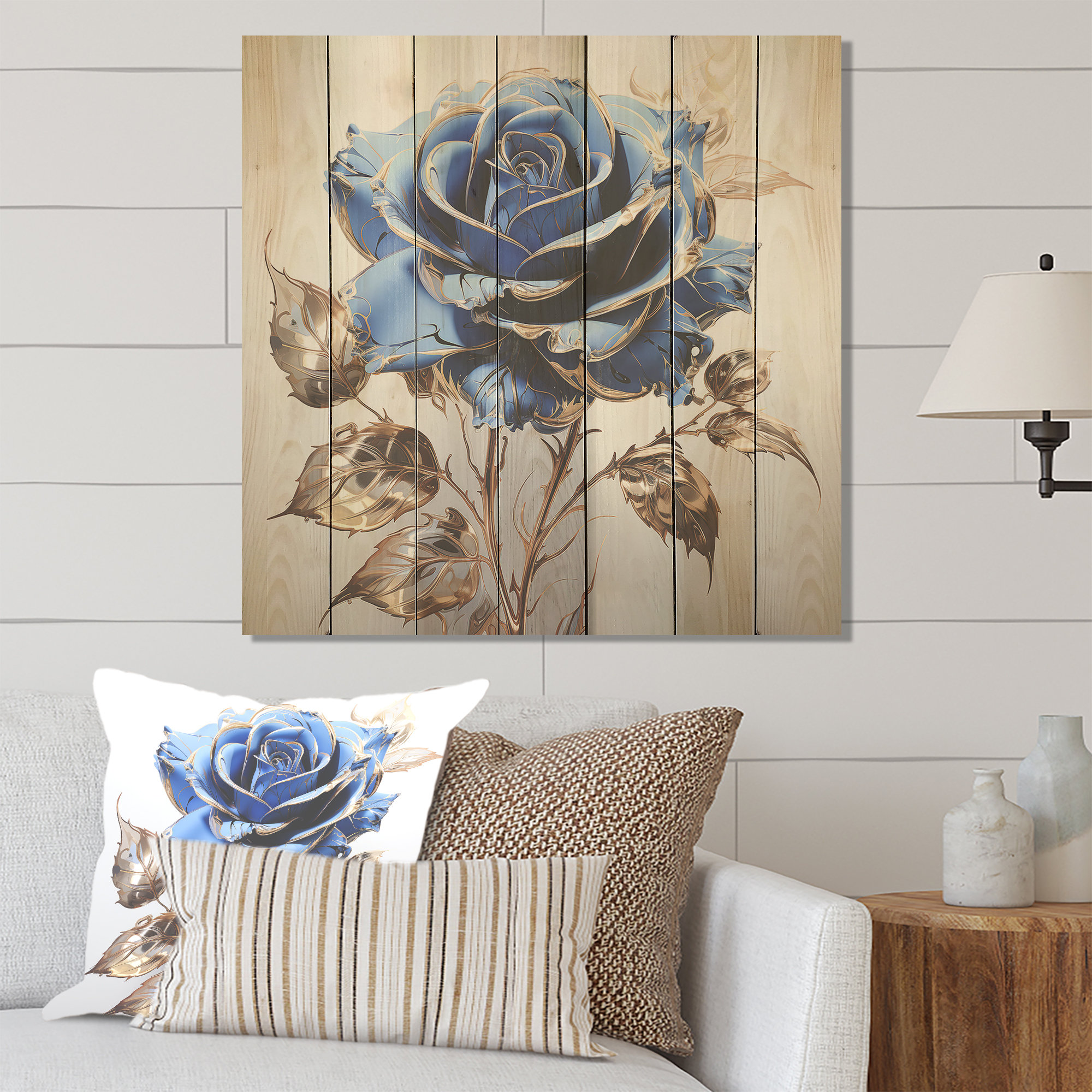 August Grove® Glass Gold And Blue Rose III - Rose On Wood Print | Wayfair