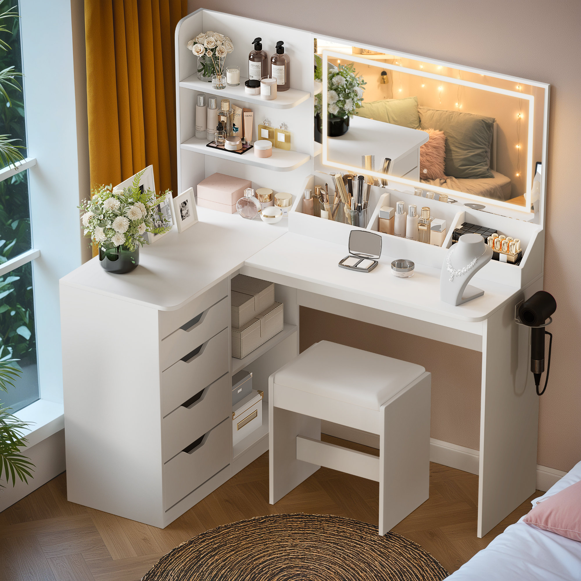 corner vanity table white