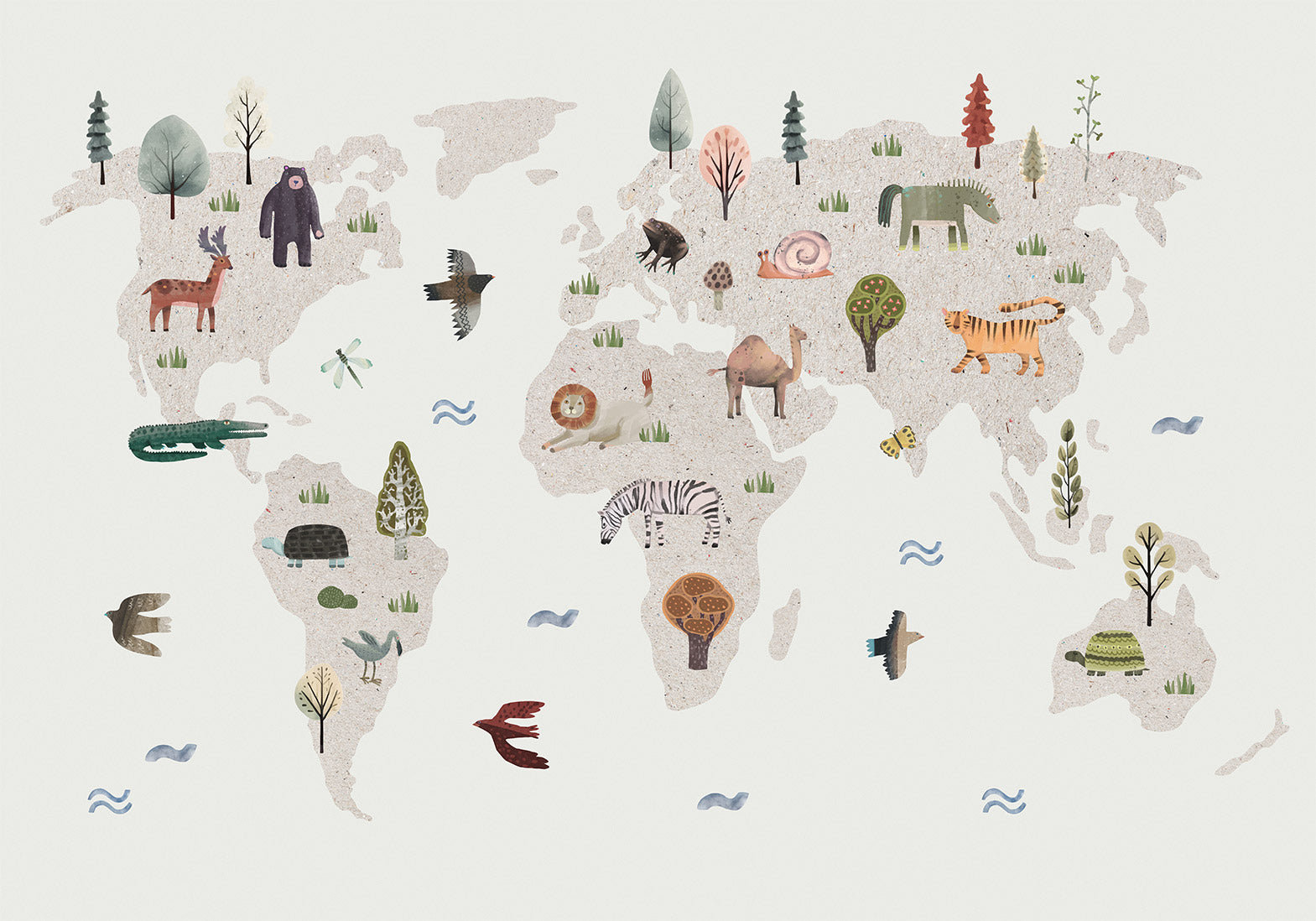 Indigo Safari Kids Wallpaper Wall Mural - Beige World Map With Animals ...