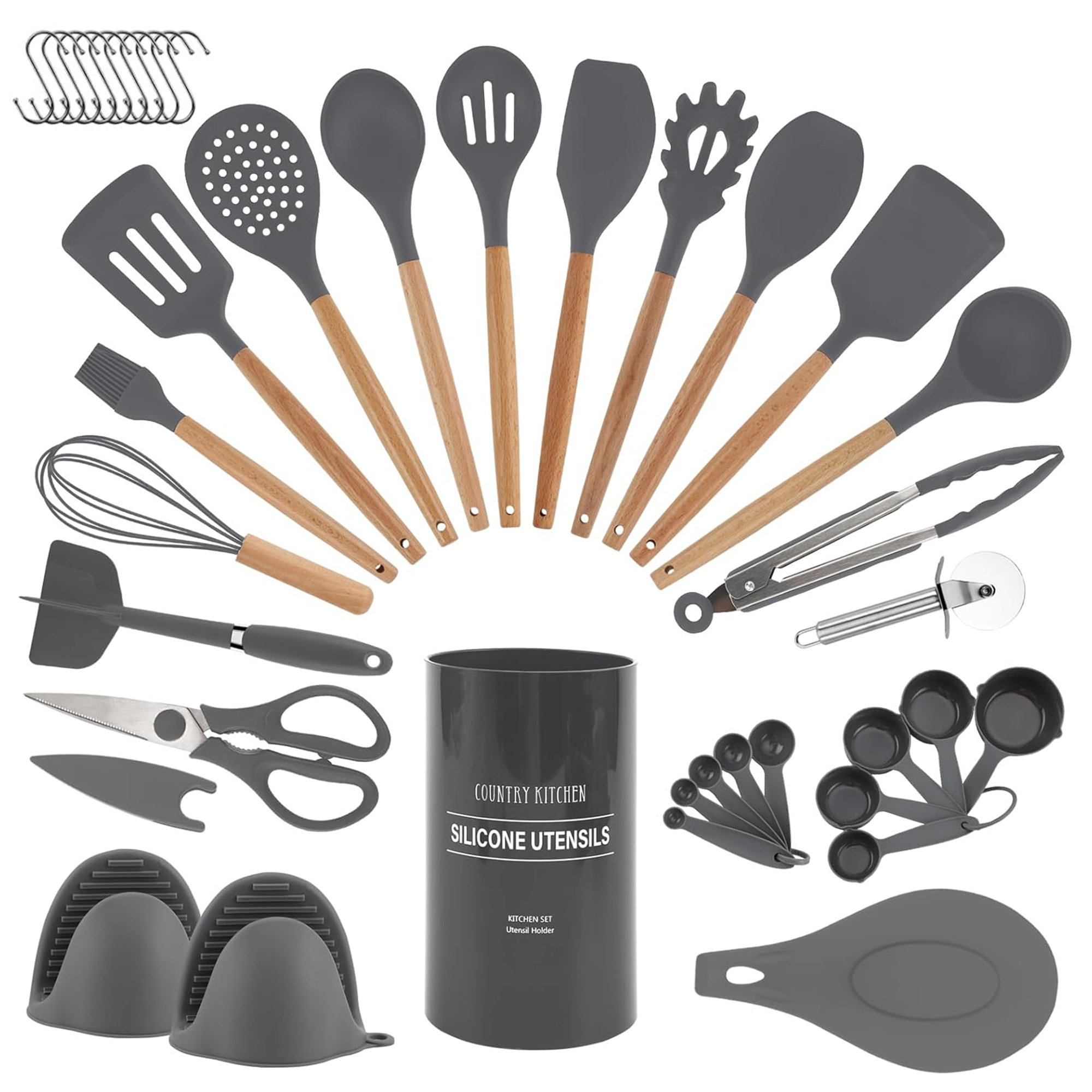 AIRPJ 29 Pcs Silicone Cooking Utensil Set,wooden Handle Kitchen ...