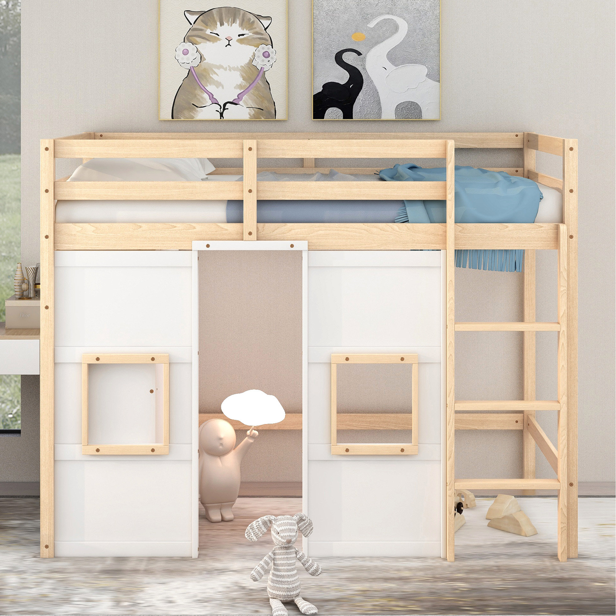 Harriet Bee Wood Twin Size Loft Bed With Built-In Storage Wardrobe And ...