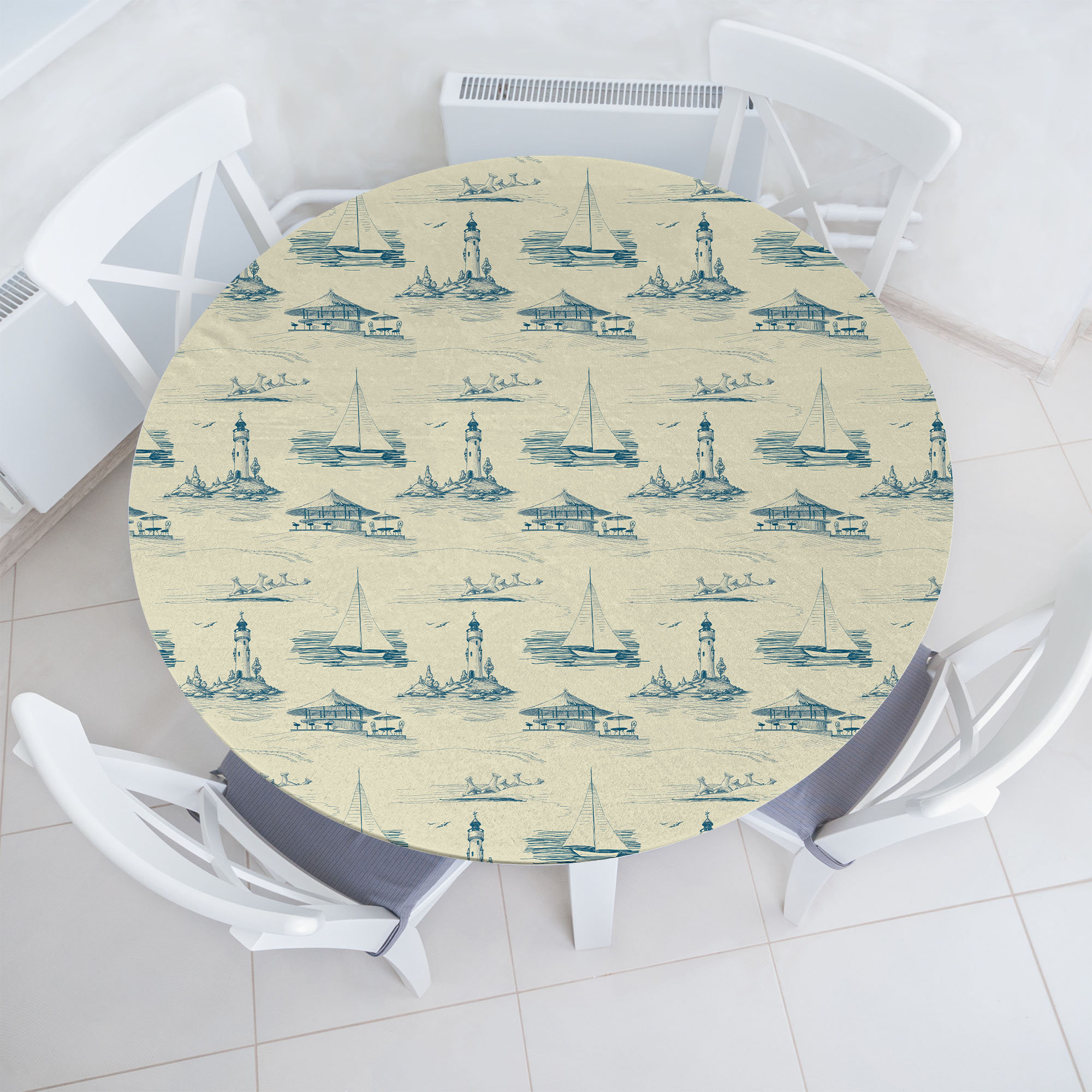 Winston Porter Lighthouse Fitted Round Tablecloth Diameter Dark Blue ...