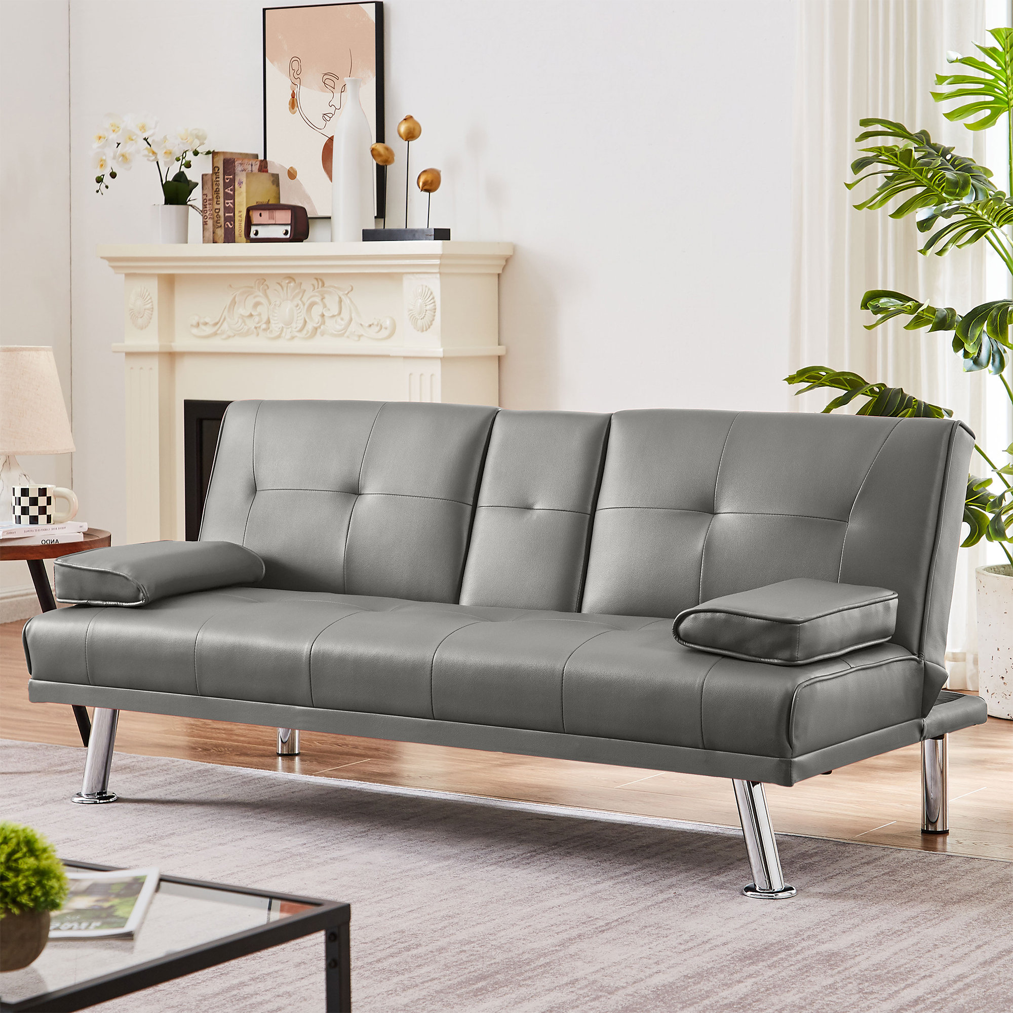 Wrought Studio Cregg 67" Wide Faux Leather Convertible Sofa | Wayfair