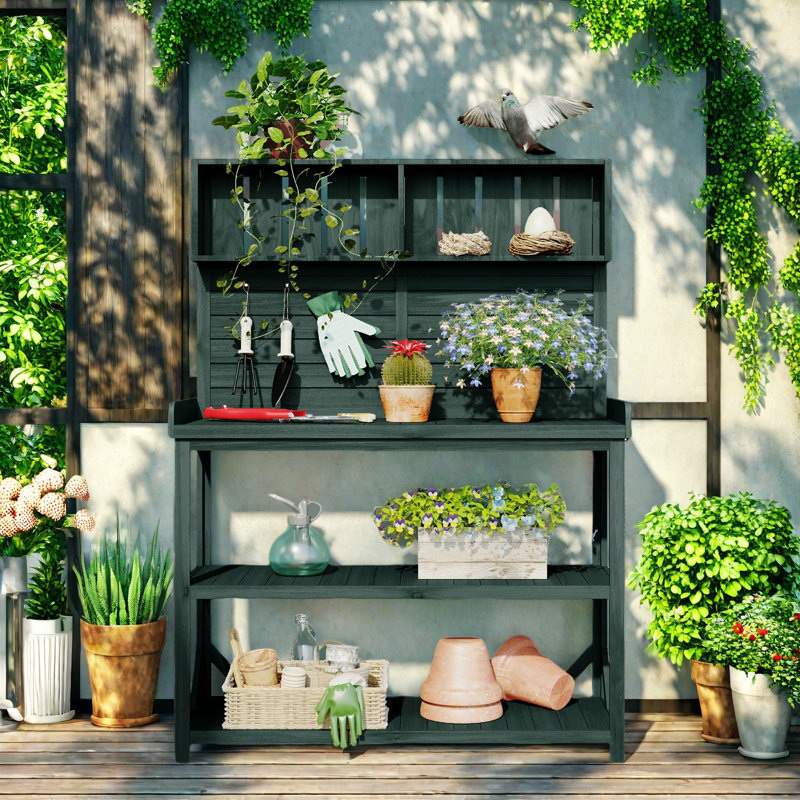 Rosalind Wheeler Large Outdoor Farmhouse Wooden Potting Bench Table ...