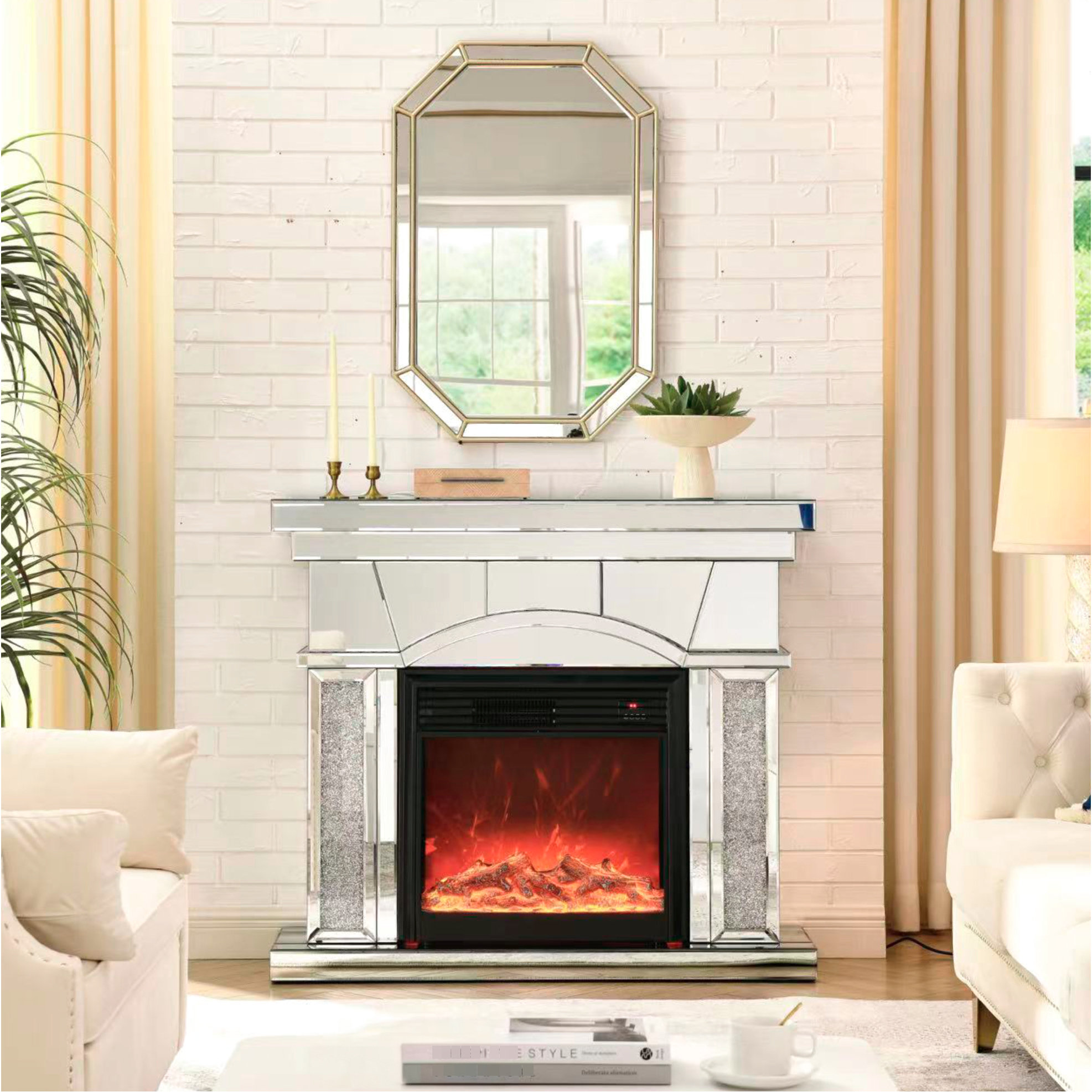 Symple Stuff Artificial Crystals Fireplace, Electric 1500W Heating, 3D ...