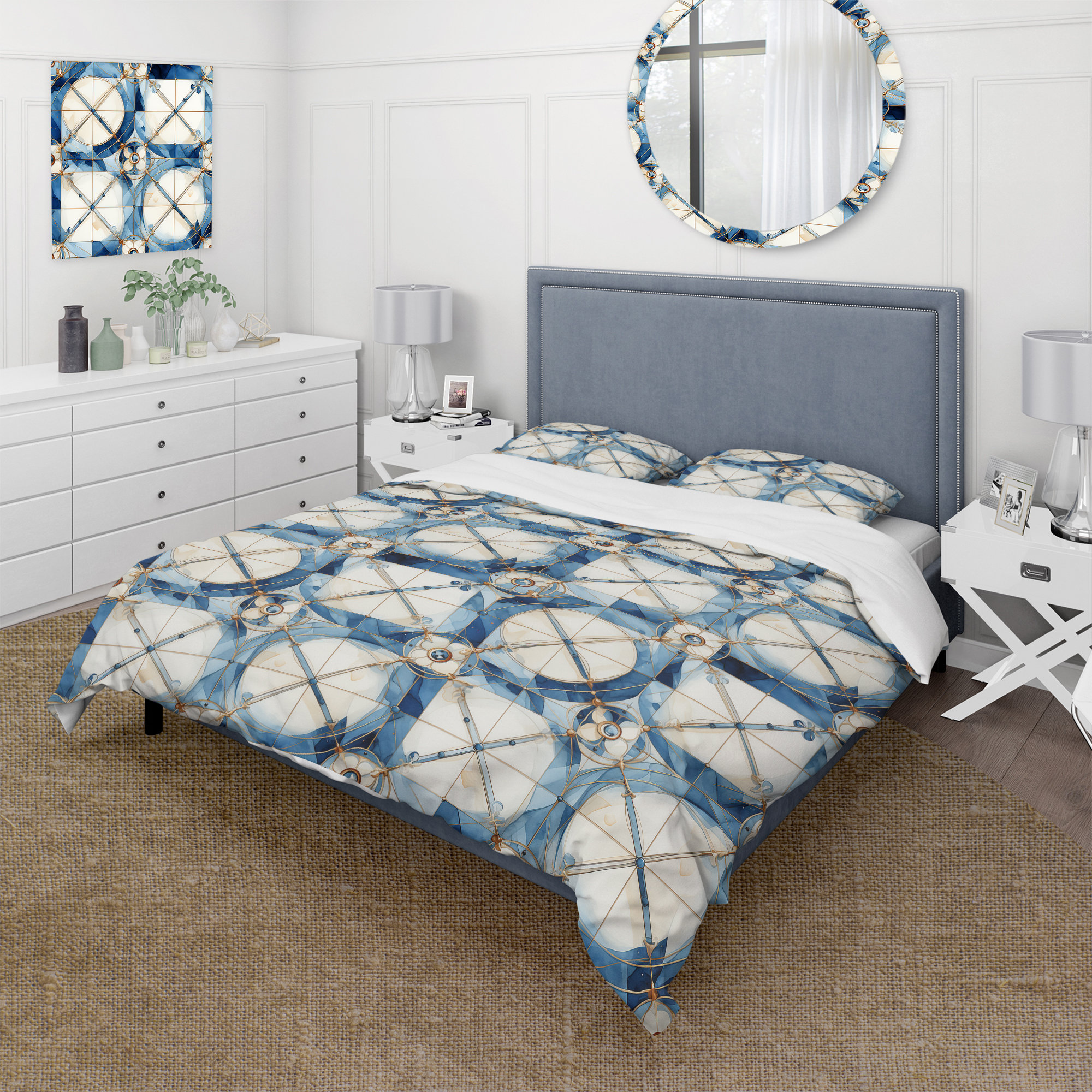 Design Art Vintage Cobalt Quadrants Geometric - Damask Duvet Cover Set ...