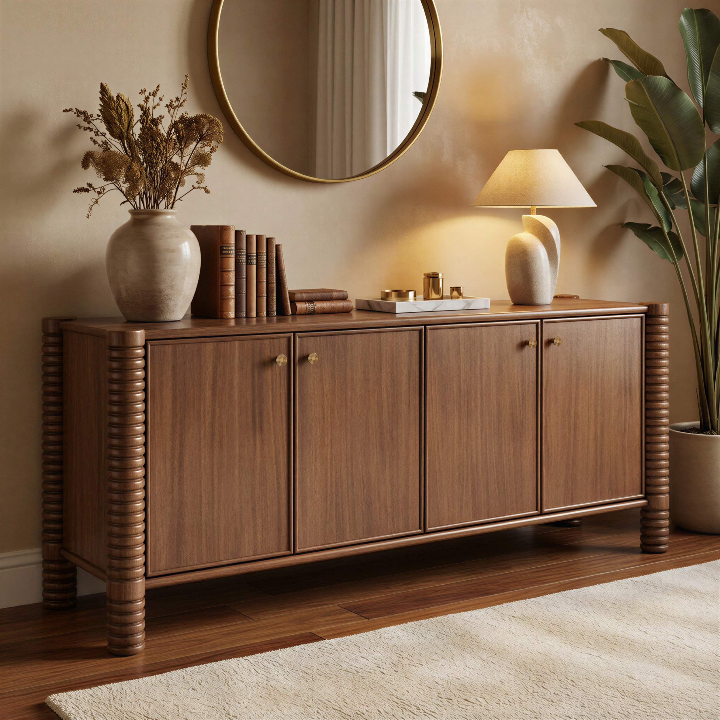 Corrigan Studio® Ellis Walnut Acacia Sideboard With Ribbed Solid Wood ...