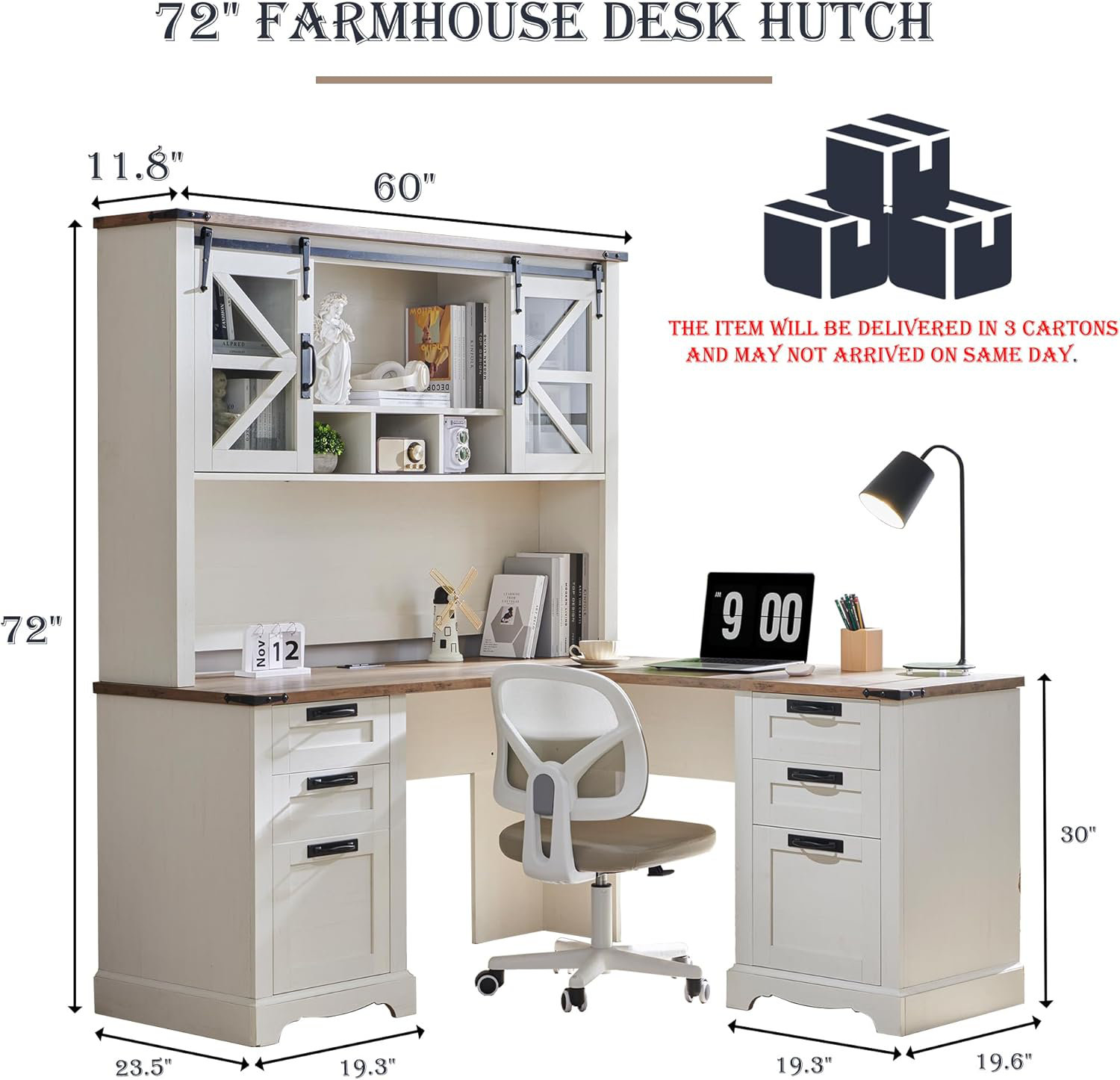 Gracie Oaks 60" Farmhouse L Shaped Desk with Hutch, Wood Home Office ...