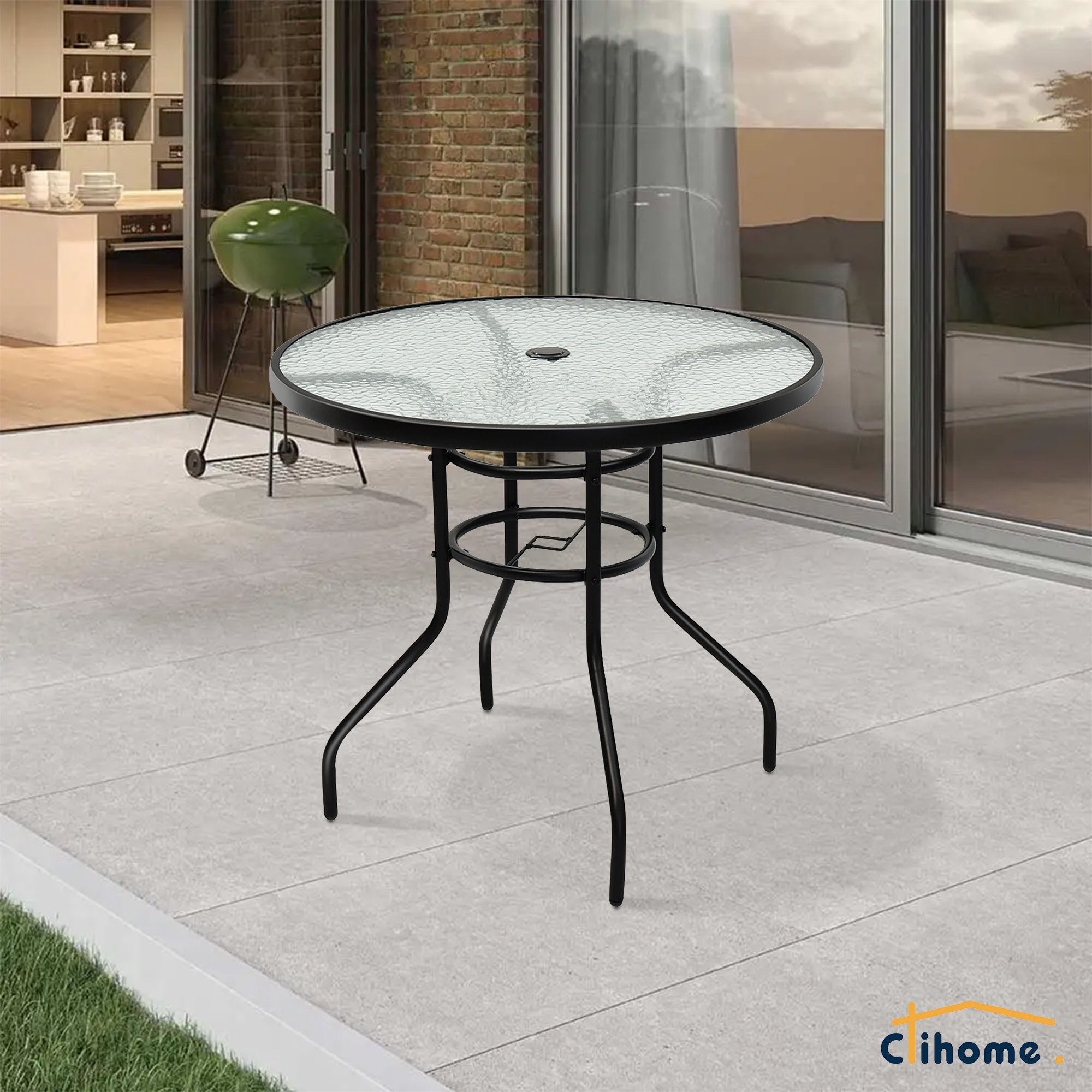 clihome 32'' Patio Tempered Glass Steel Frame Round Table - Wayfair Canada