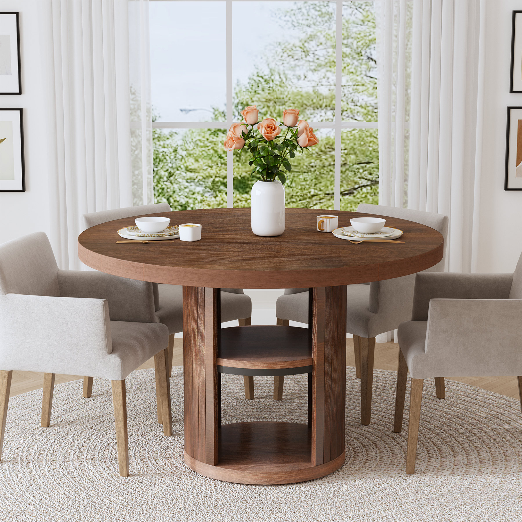 Ebern Designs 47-Inch Round Wood Dining Table With Storage, 4-6 People ...