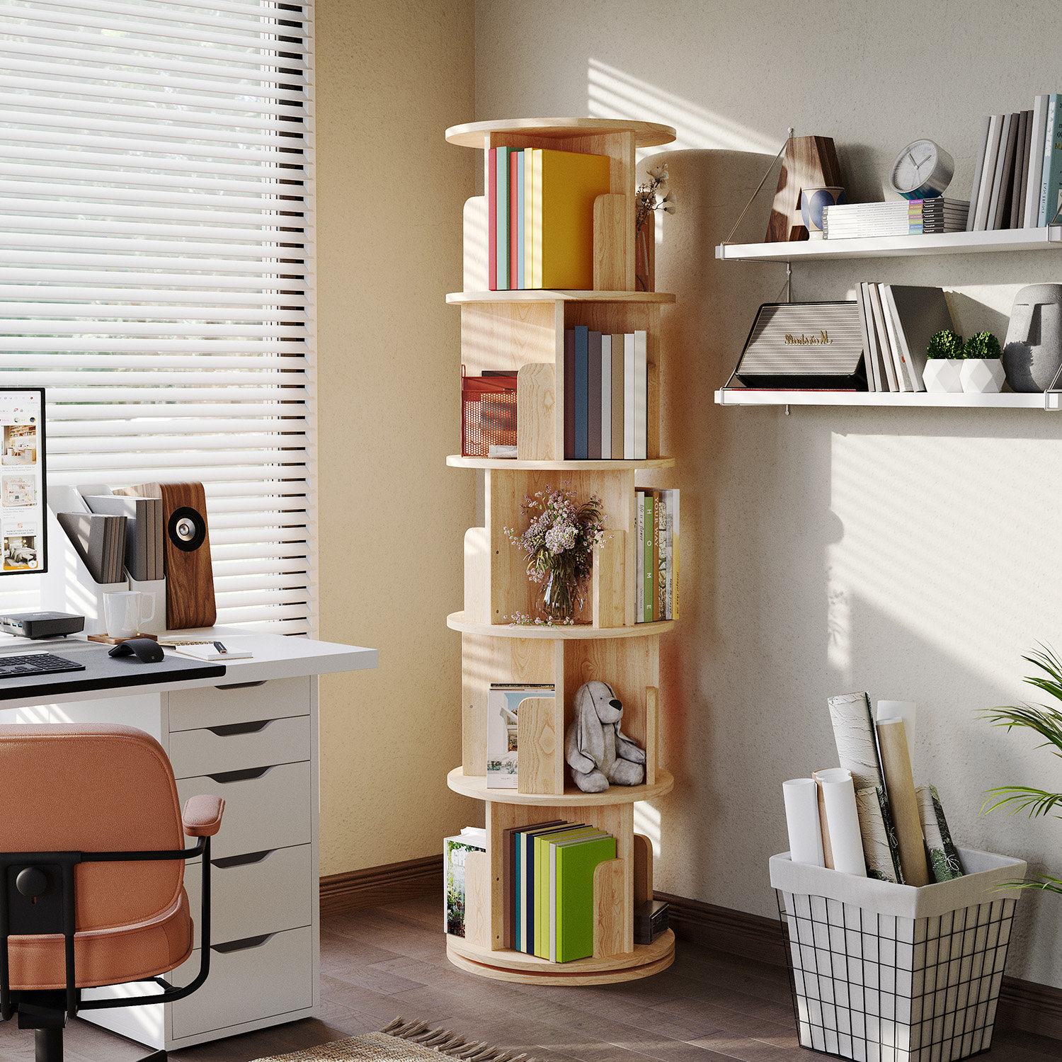 Ebern Designs 360° Rotating Solid Wood Bookshelf Tower, Spinning ...