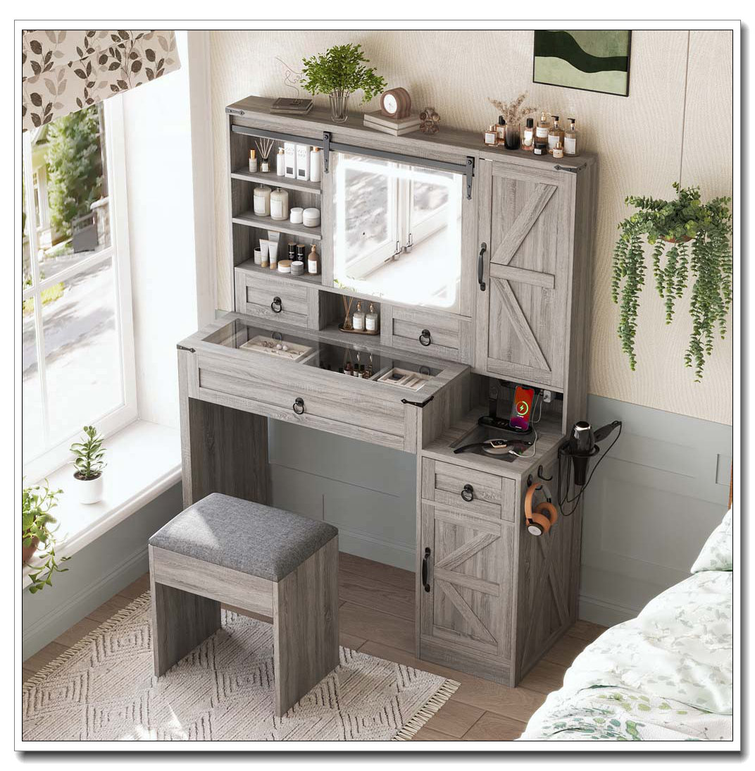 Latitude Run® Farmhouse Vanity Desk With Sliding Mirror And Lights ...