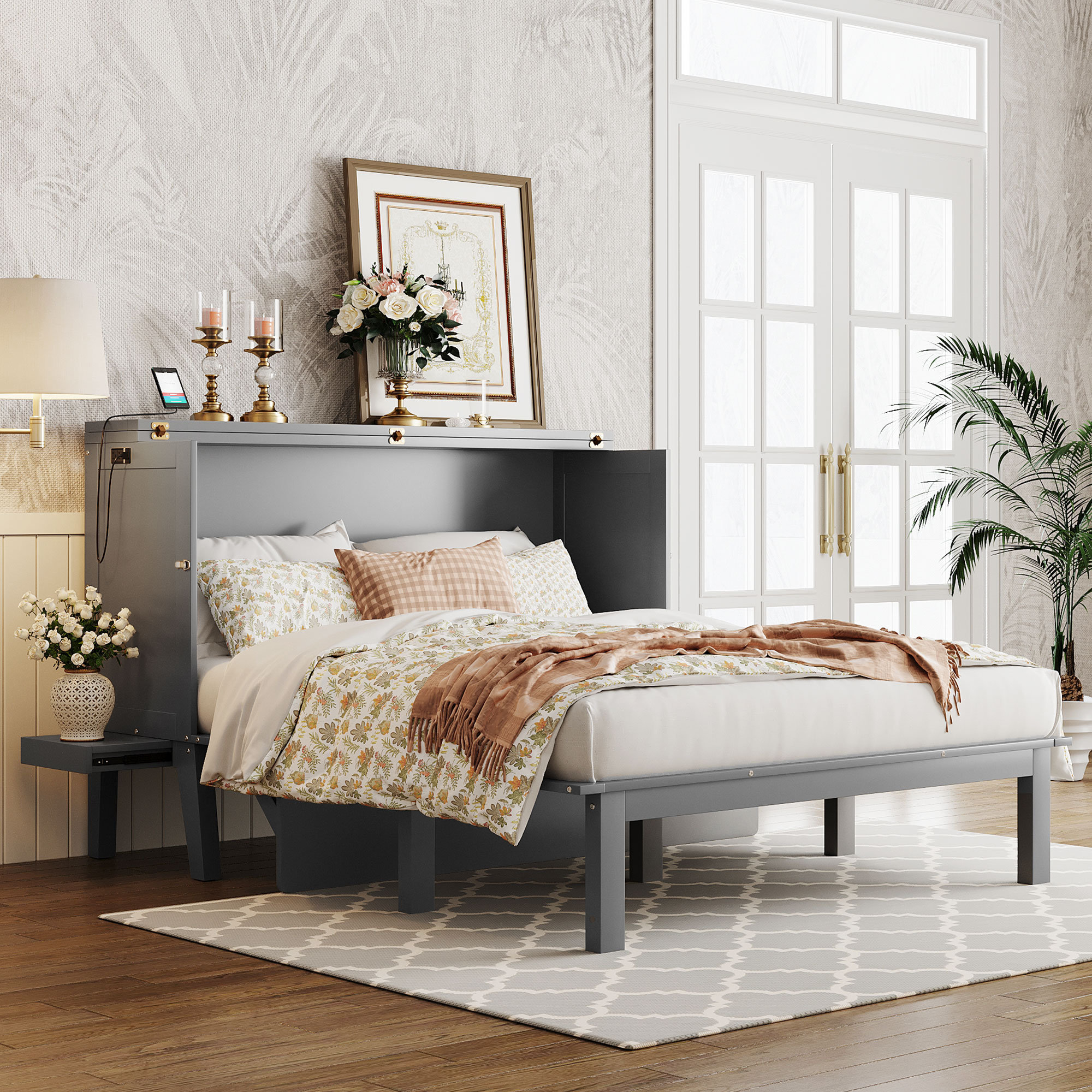 Latitude Run® Queen Size Murphy Bed With USB Port And Removable Shelves ...