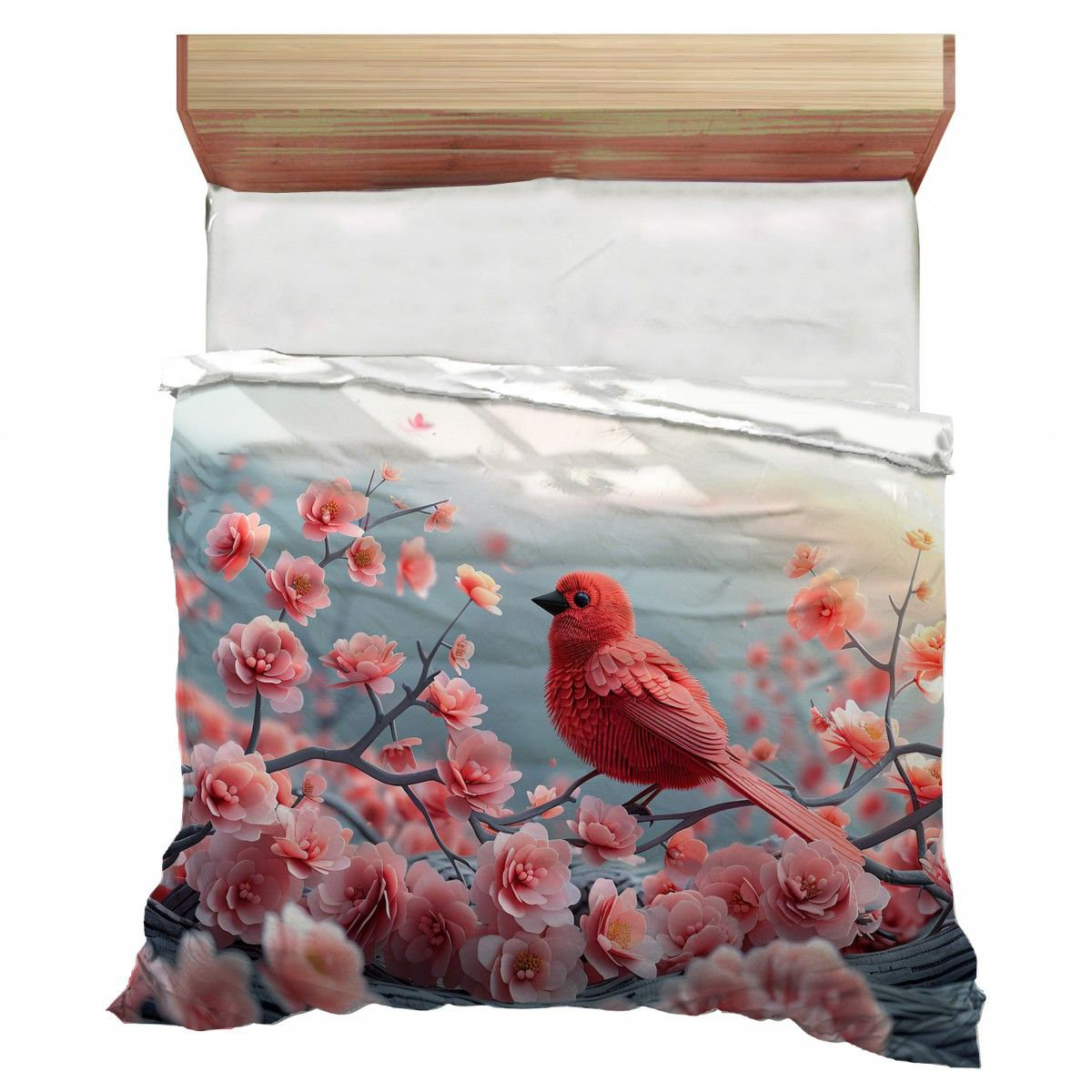 VisionDecor Bird Bedding Wildlife Duvet Cover Pink Blossoms | Wayfair