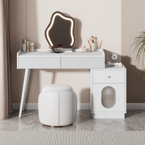 Ivy Bronx Modern Wooden White Dressing Table with LED Mirror and ...