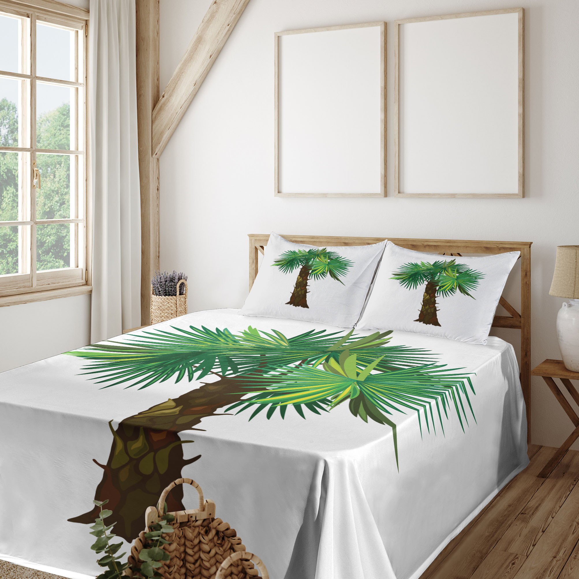 Ambesonne Tropical Sheet Set Palm Tree Plain Back Plot Olive Green and ...