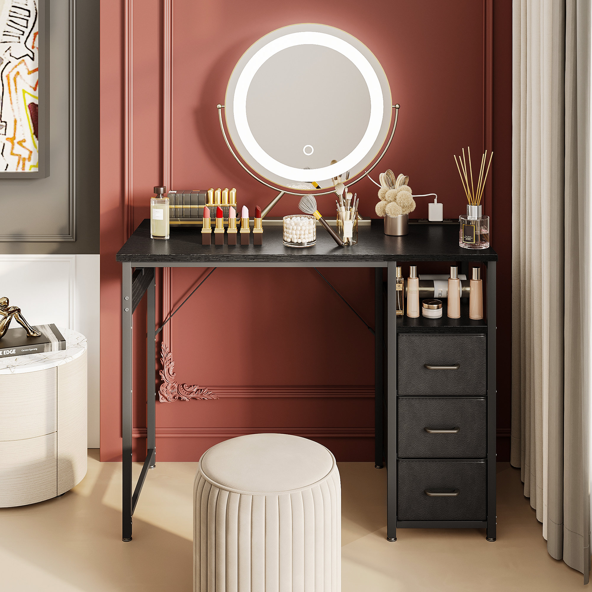 Ebern Designs Kiere Reversible Writing Desk with 3-Tier Fabric Drawers ...