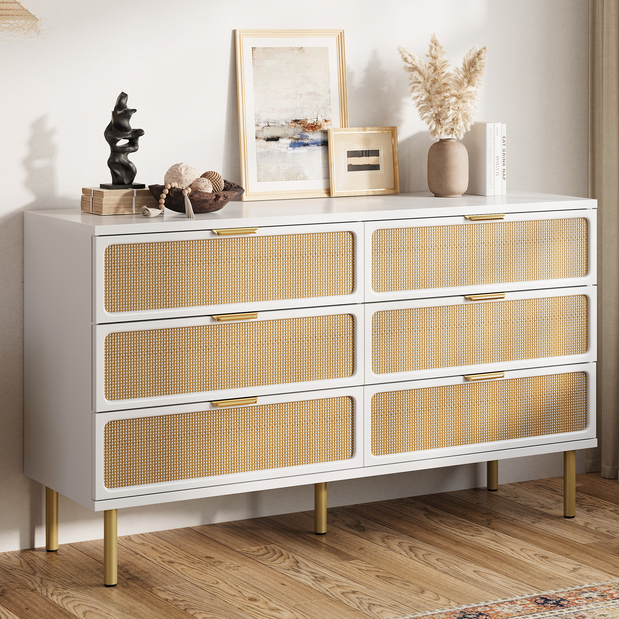 Lark Manor Amilio 55.1” W 6-drawer Rattan Dresser With Rubberwood Legs ...
